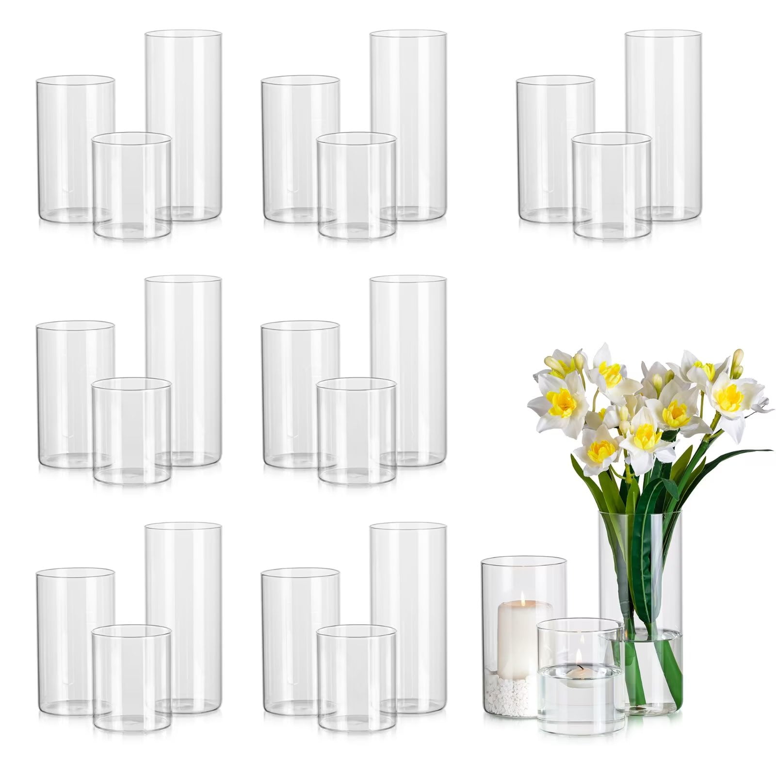 Glasseam Large Pillar Glass Cylinder Vase Set for Wedding, Clear ...
