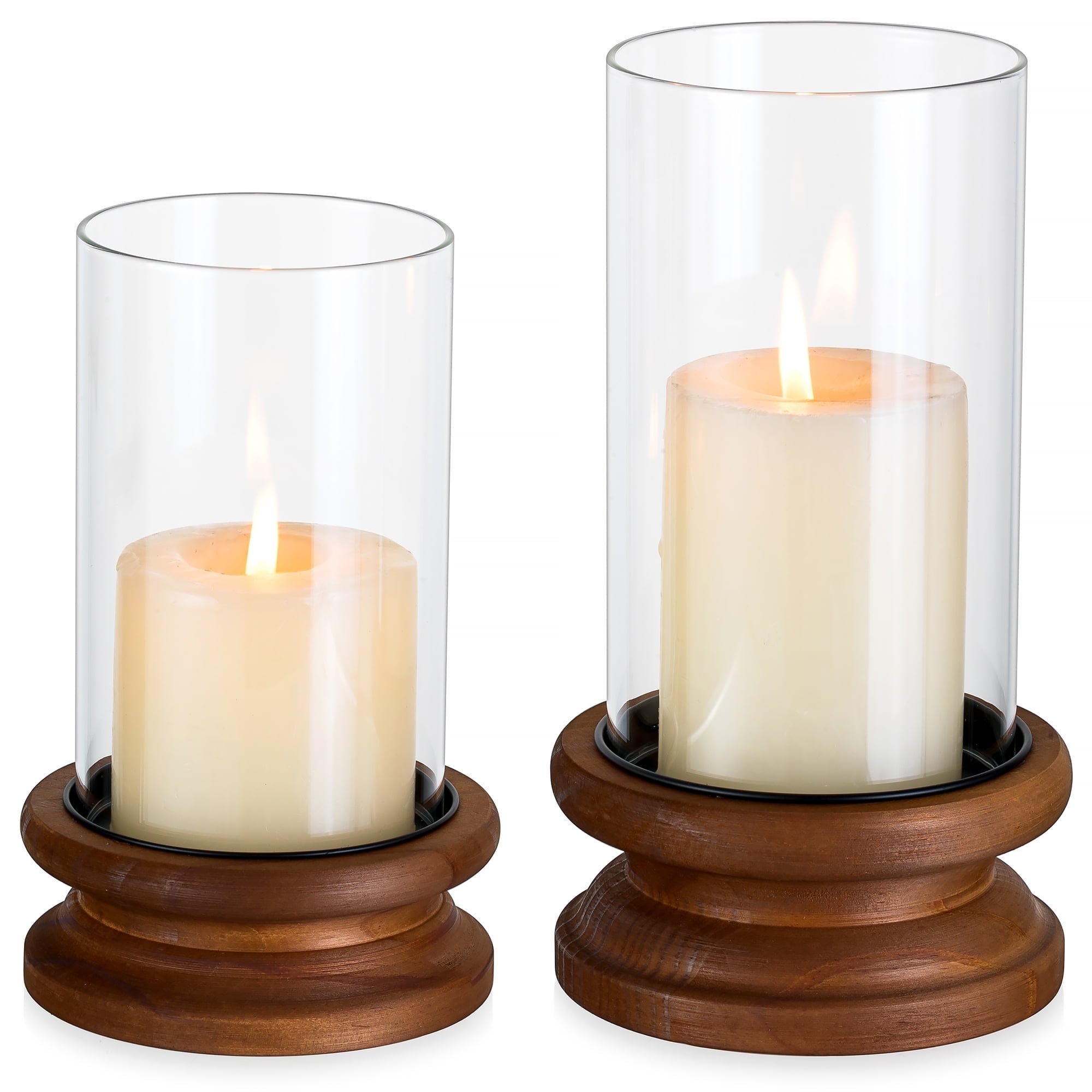 Glasseam Set of 2 Hurricane Candle Holder: Brown Wood Base Clear Glass ...