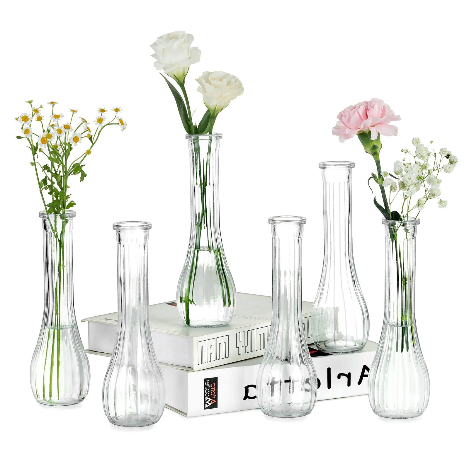 Glasseam Set of 6 Mini Glass Flower Vases, 8.5" Tall, Clear Ribbed ...