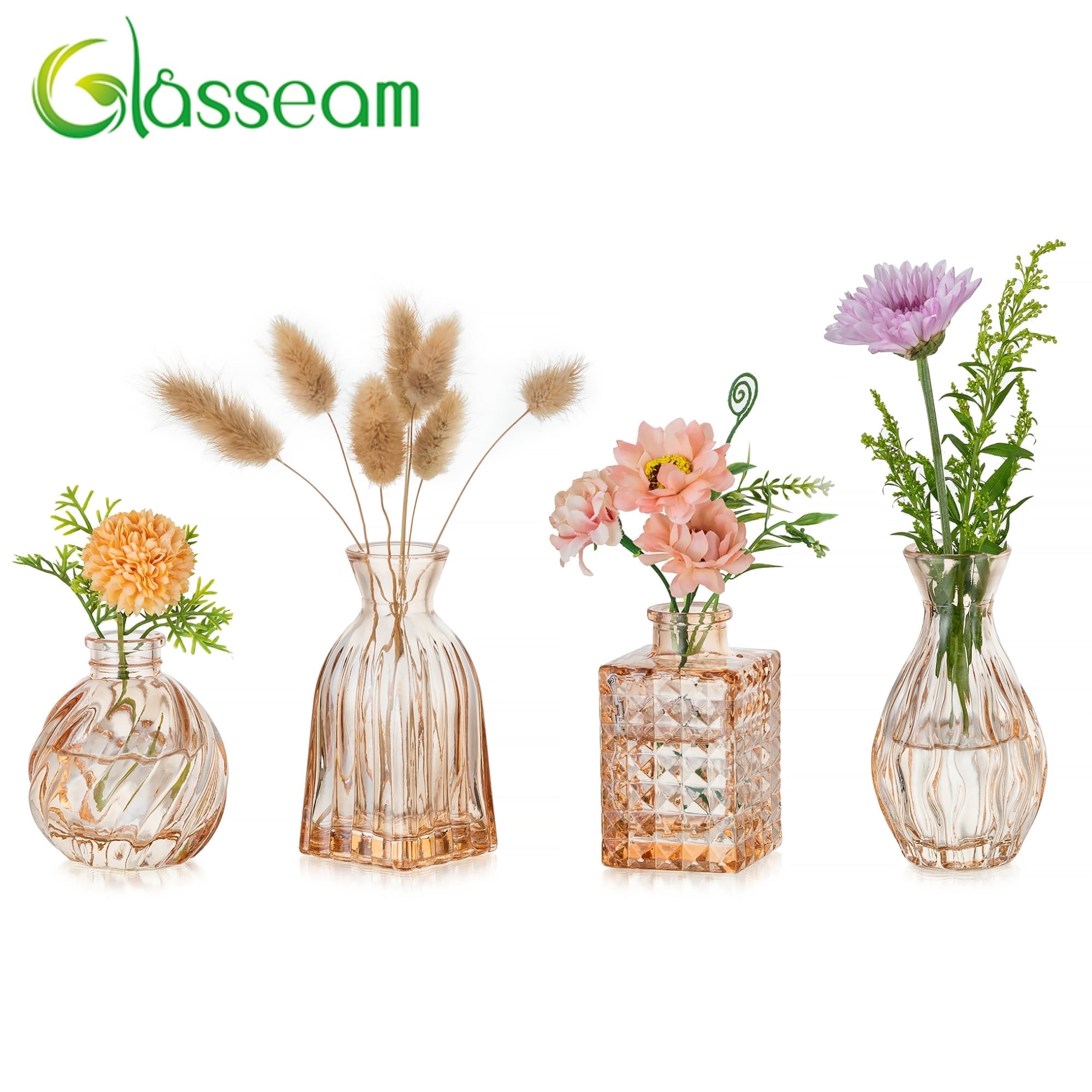 Glasseam Set of 4 Small Glass Bud Vases for Flowers, Vintage Champagne ...