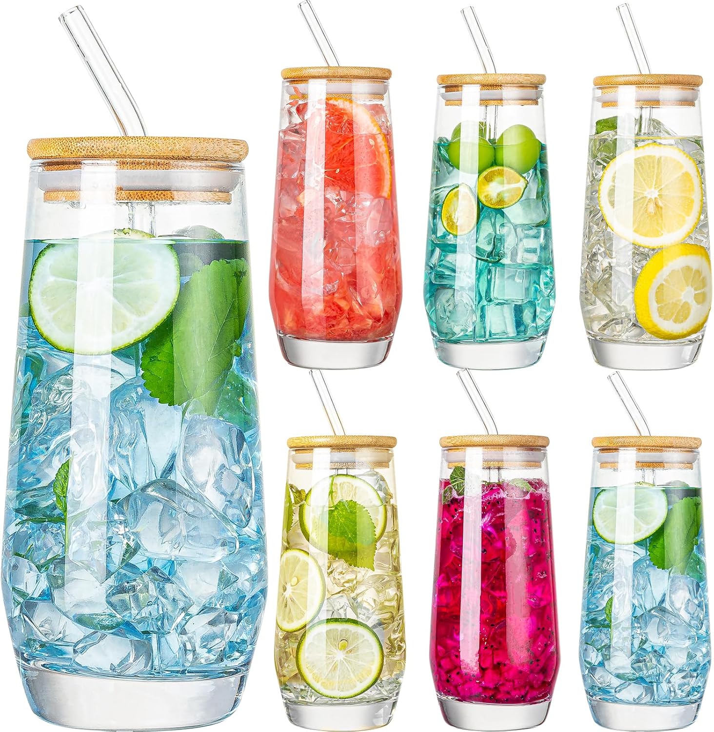 Glasses, Crystal Highball Glasses Set of 6 with Straws and Bamboo Lids ...