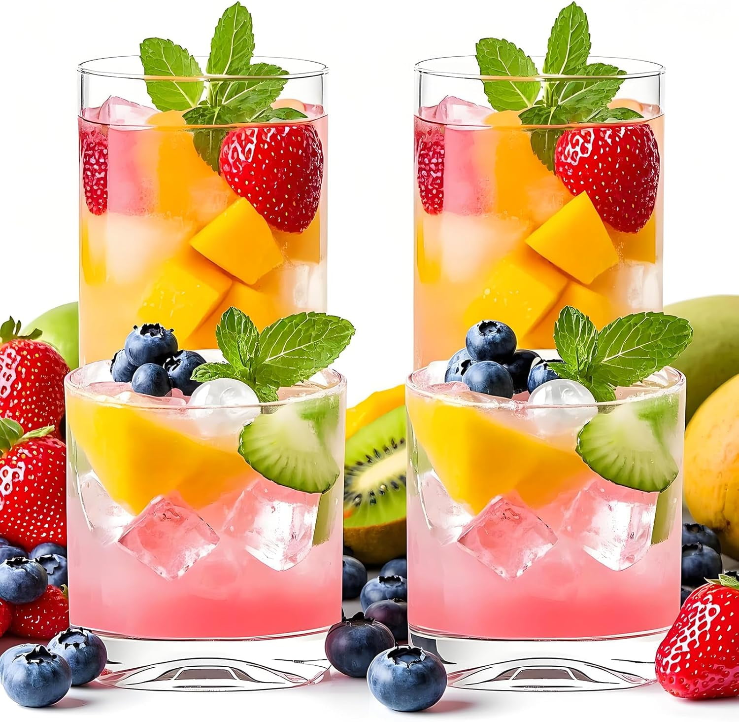 Glasses Drinking Set of 4, Rocks Glass, 2 Tall 13 oz Drinking Glasses ...