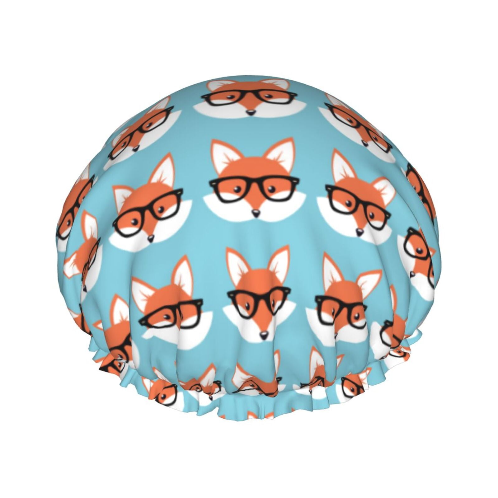 Glasses Fox Light Blue Shower Cap for Women, Double Waterproof Layers ...