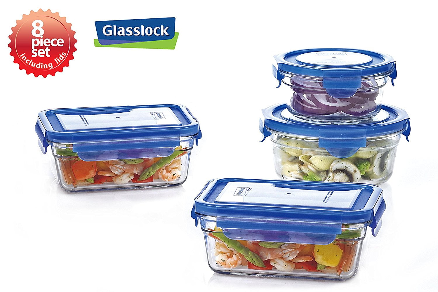 Glasslock Blue Lid Airtight Food Storage Containers, Oven Safe ...