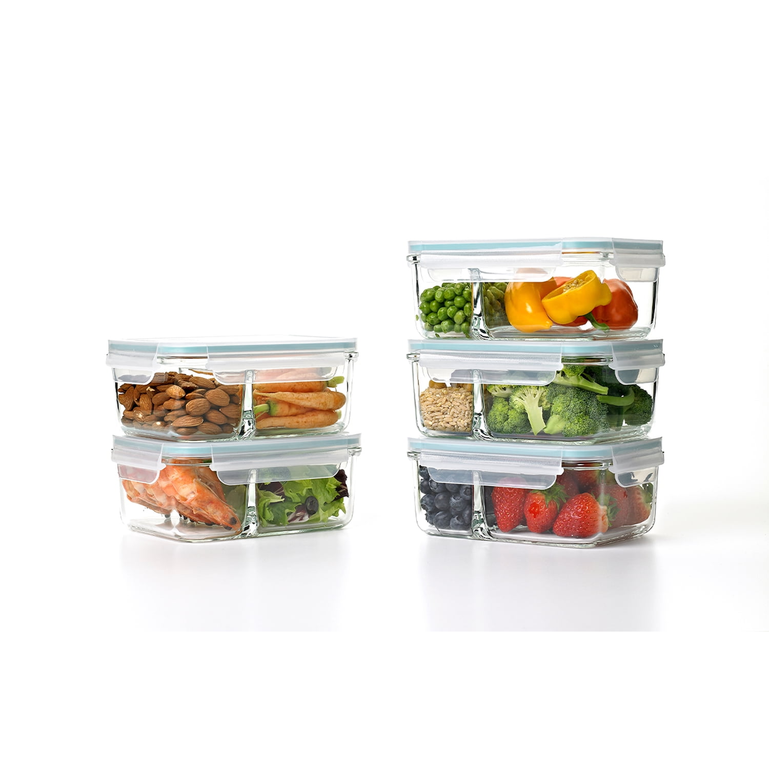 Glasslock Duo 5 Piece Clear Glass Microwave Safe Divided Food Storage ...