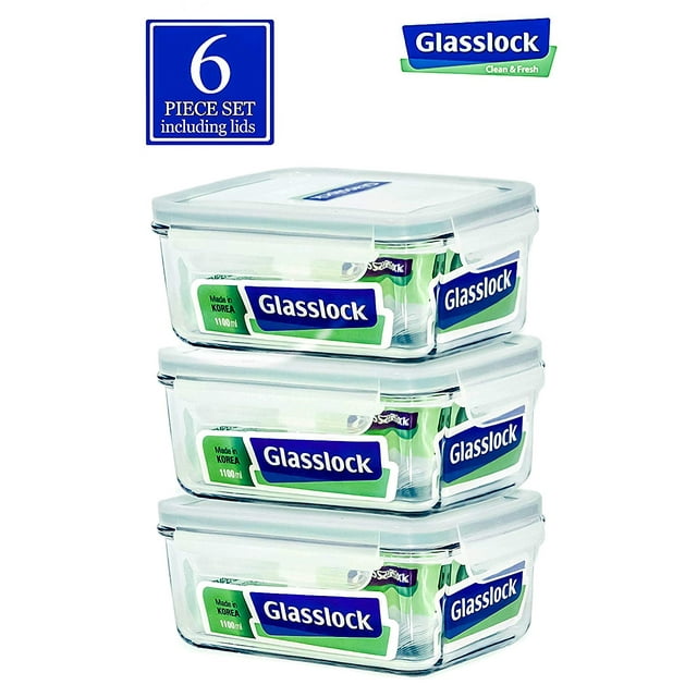 Glasslock Rectangular Tempered Glassware Storage Set with Airtight Lids ...