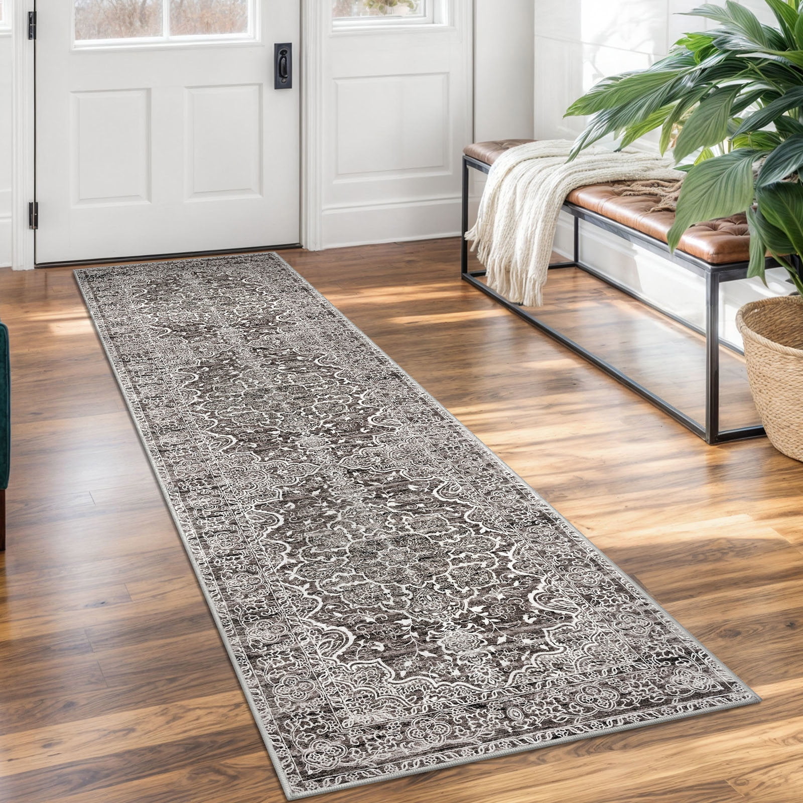 GLATTICE Washable Runner Rug, 2'x7' Tan Floral Non-Slip Soft Carpet for ...