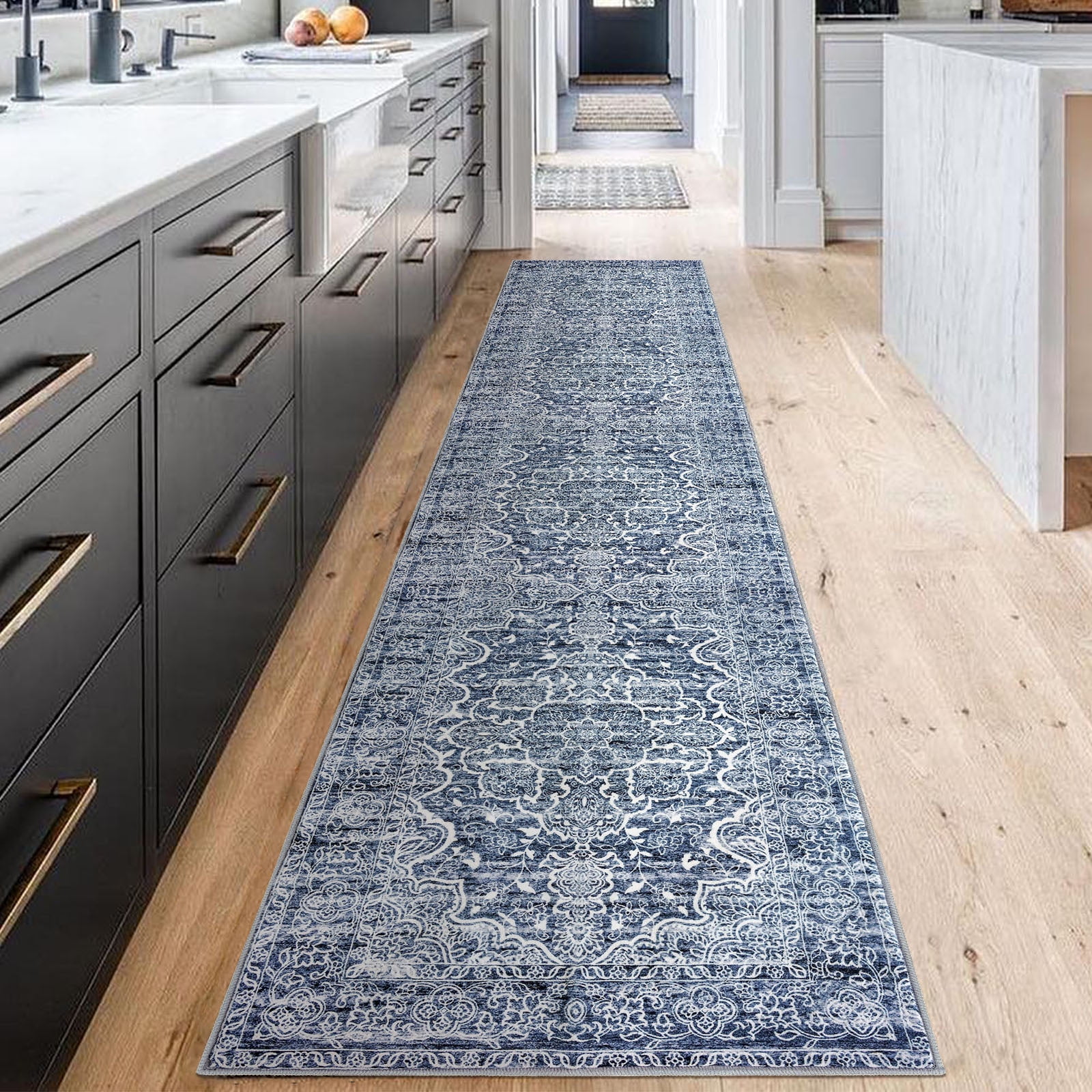 Glattice Washable Runners 2.6x12 Blue Runners Non-Slip Hallway Runner ...