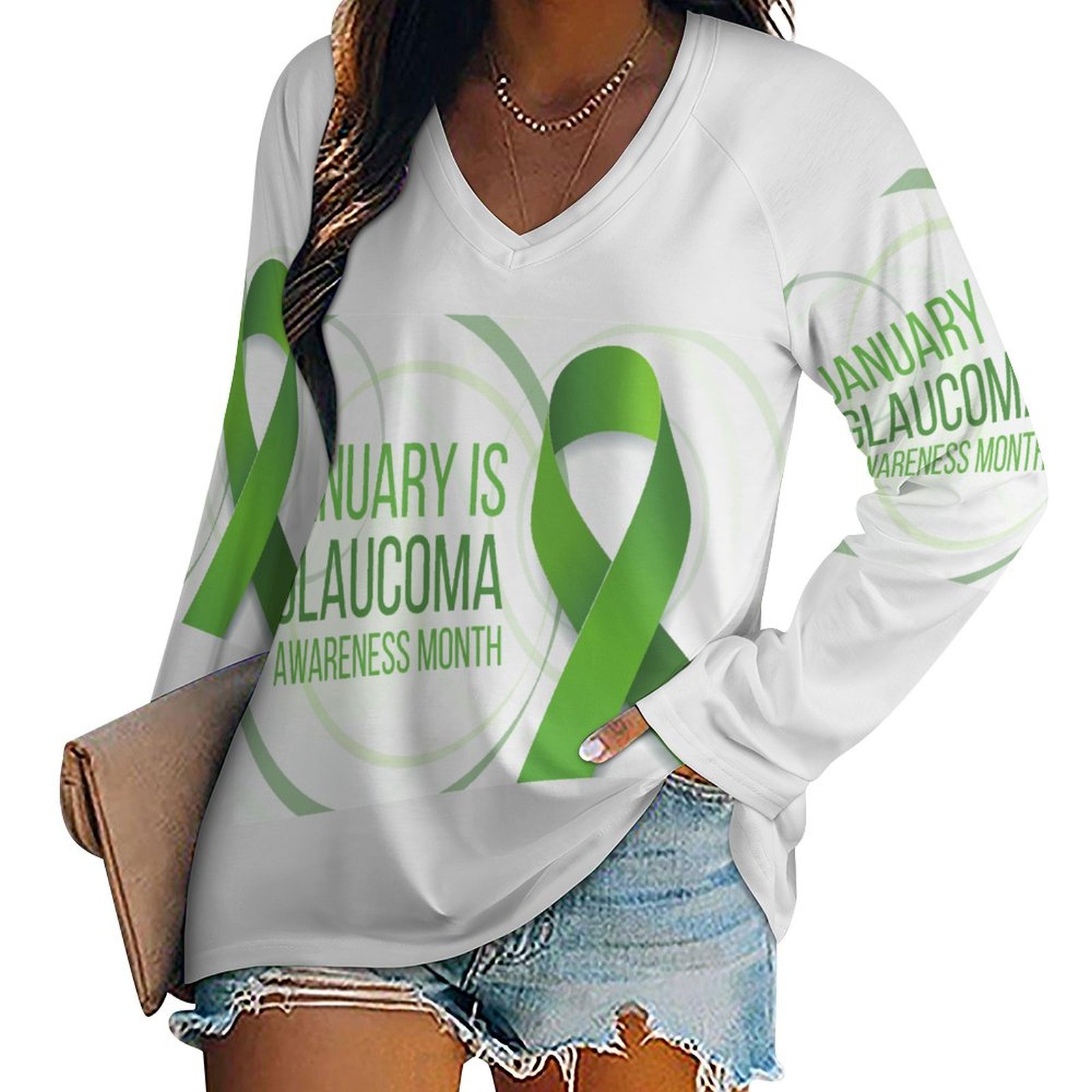 Glaucoma Awareness Month Women's Long Sleeve Shirts Casual V Neck Tops ...