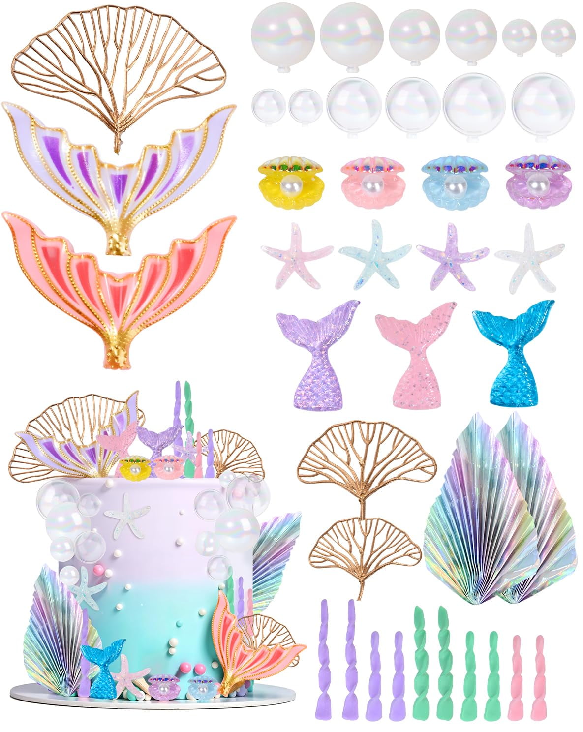 Glavatrix Mermaid Cake Toppers, 40-Piece Under the MDH1Sea Cake Decor ...