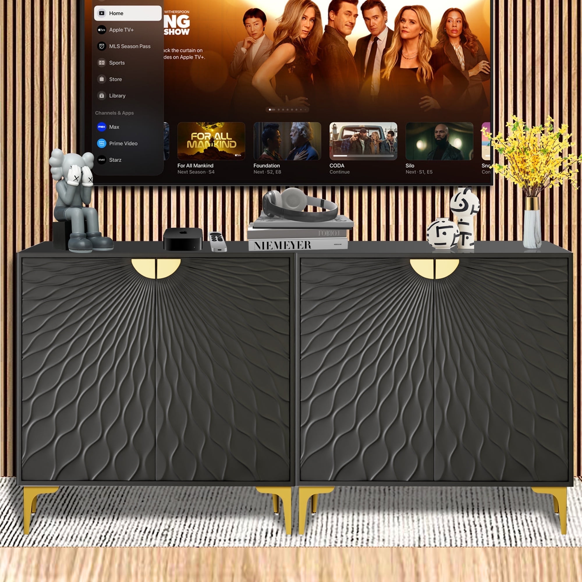 Glavbiku Black 2-Door Sideboard with Curve Line Door,Gold Handle ...
