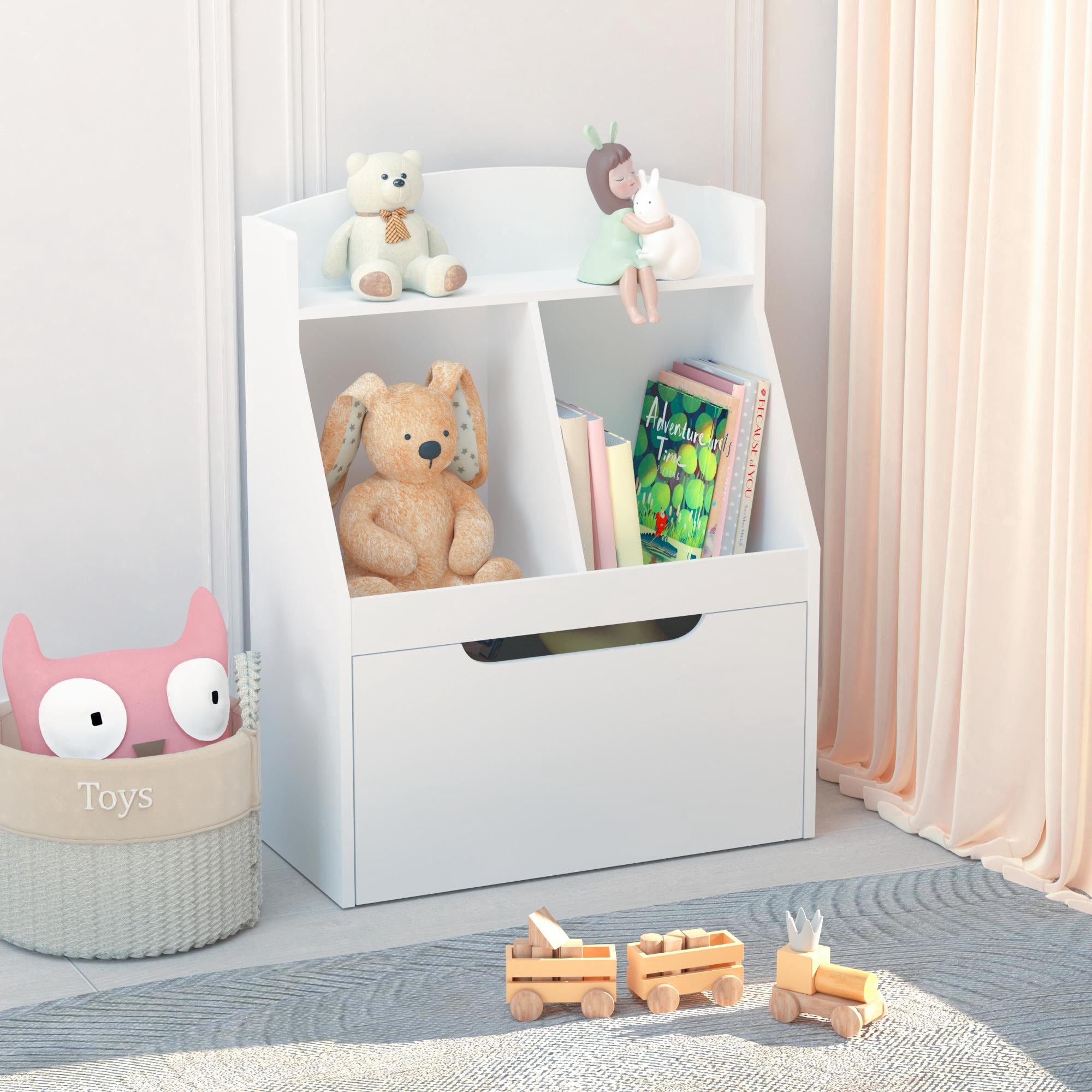 Glavbiku Kids Bookshelf with Drawer and Wheels, Wooden Bookcase, Toy ...