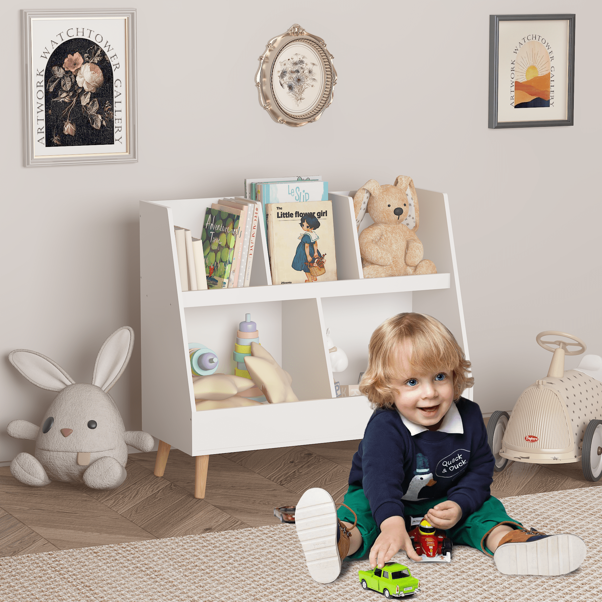 Glavbiku Kids Wood Bookshelf with 5 Open Cubbies 2-Tier Baby Toy ...