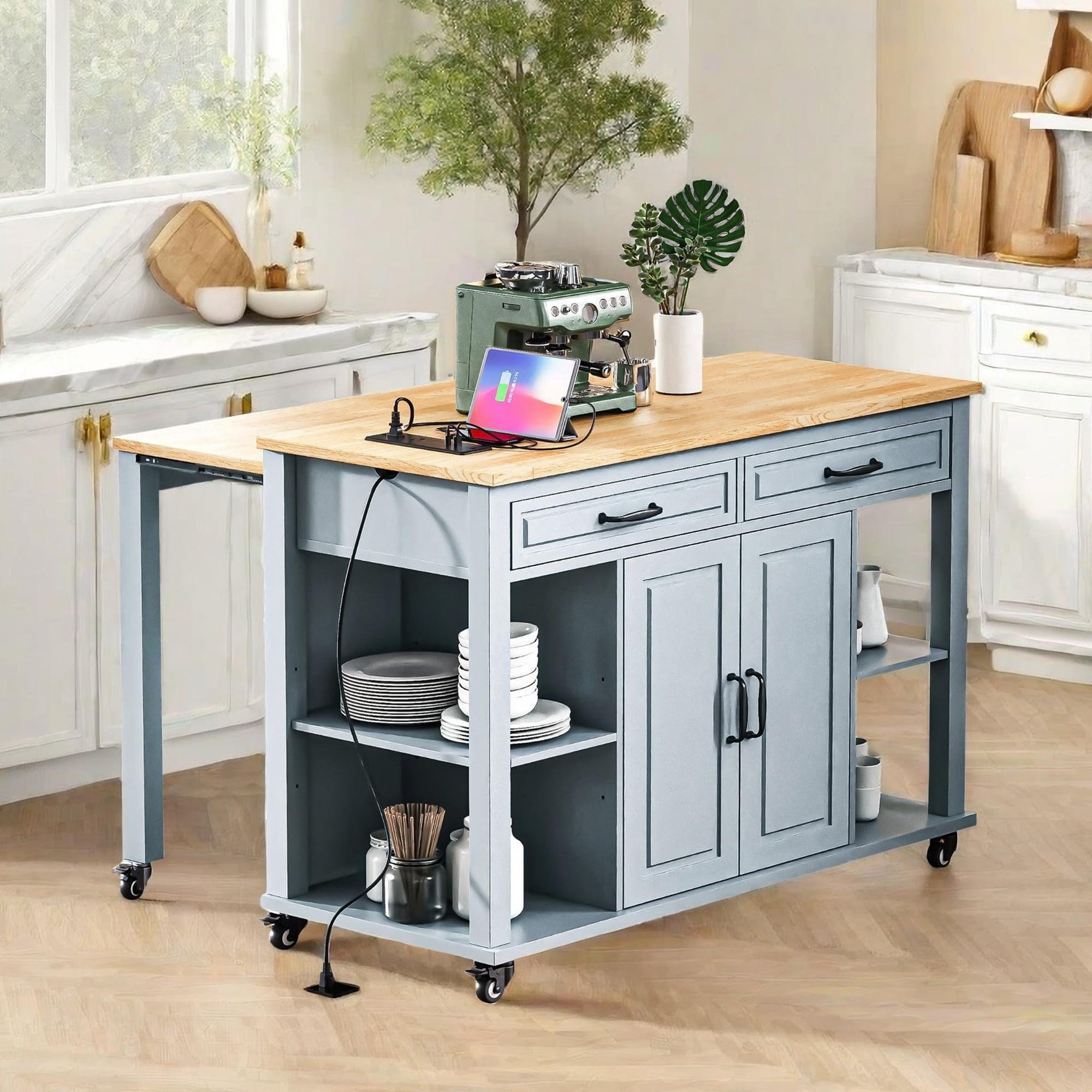 Glavbiku Kitchen Island with Extendable Table,Rubberwood Top,2 Drawers ...