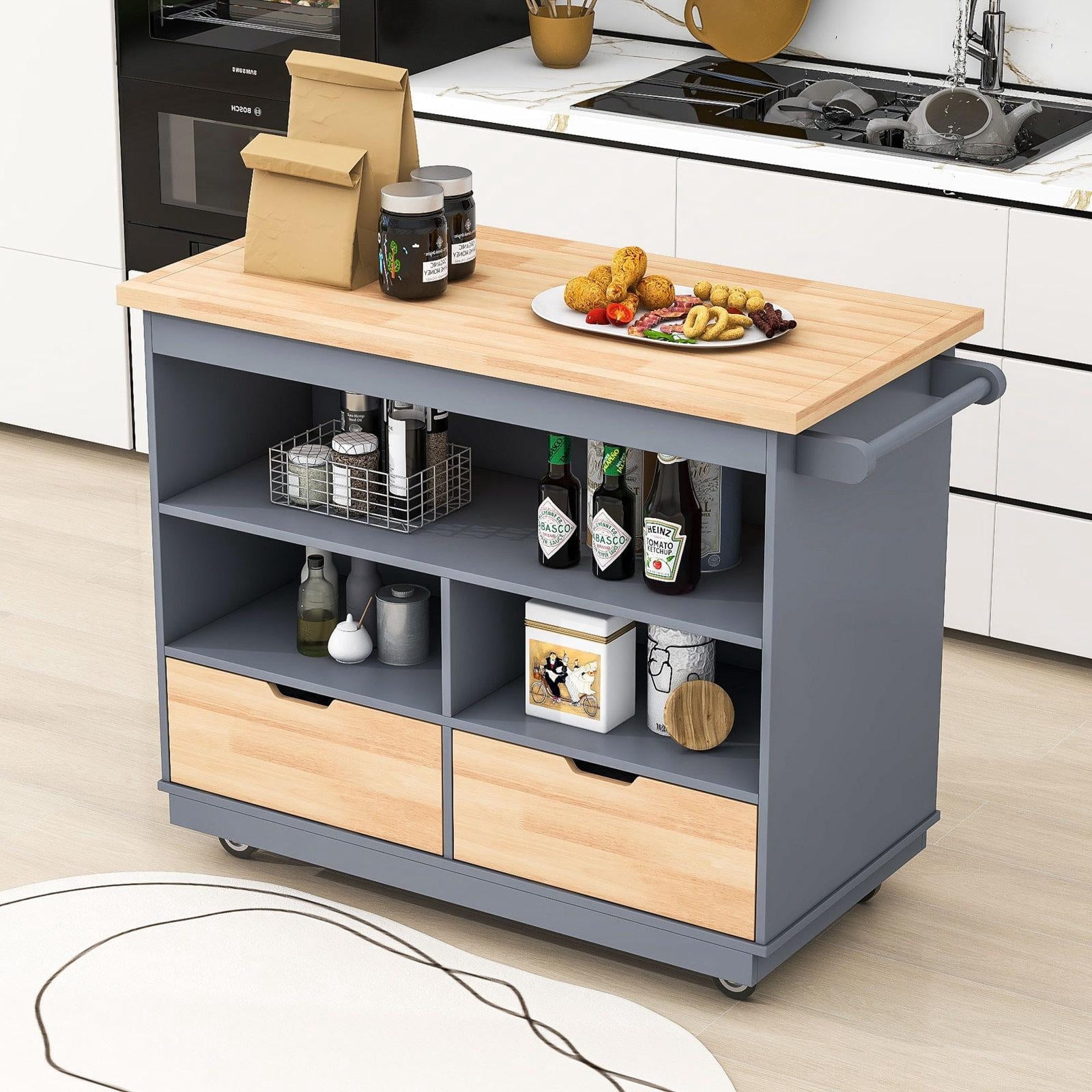 Glavbiku Rolling Kitchen Cart with Wine & Spice Rack Storage,2 Drawers ...