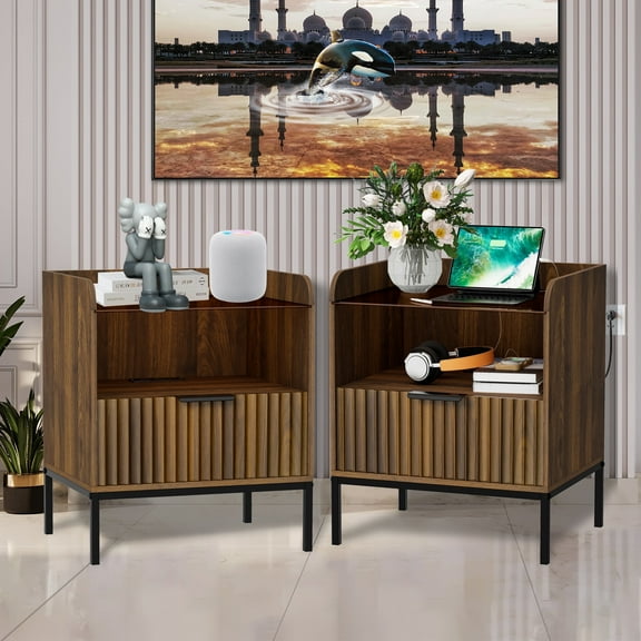 Bed Side Table with Charging Station, Mid Century Modern Nightstand ...