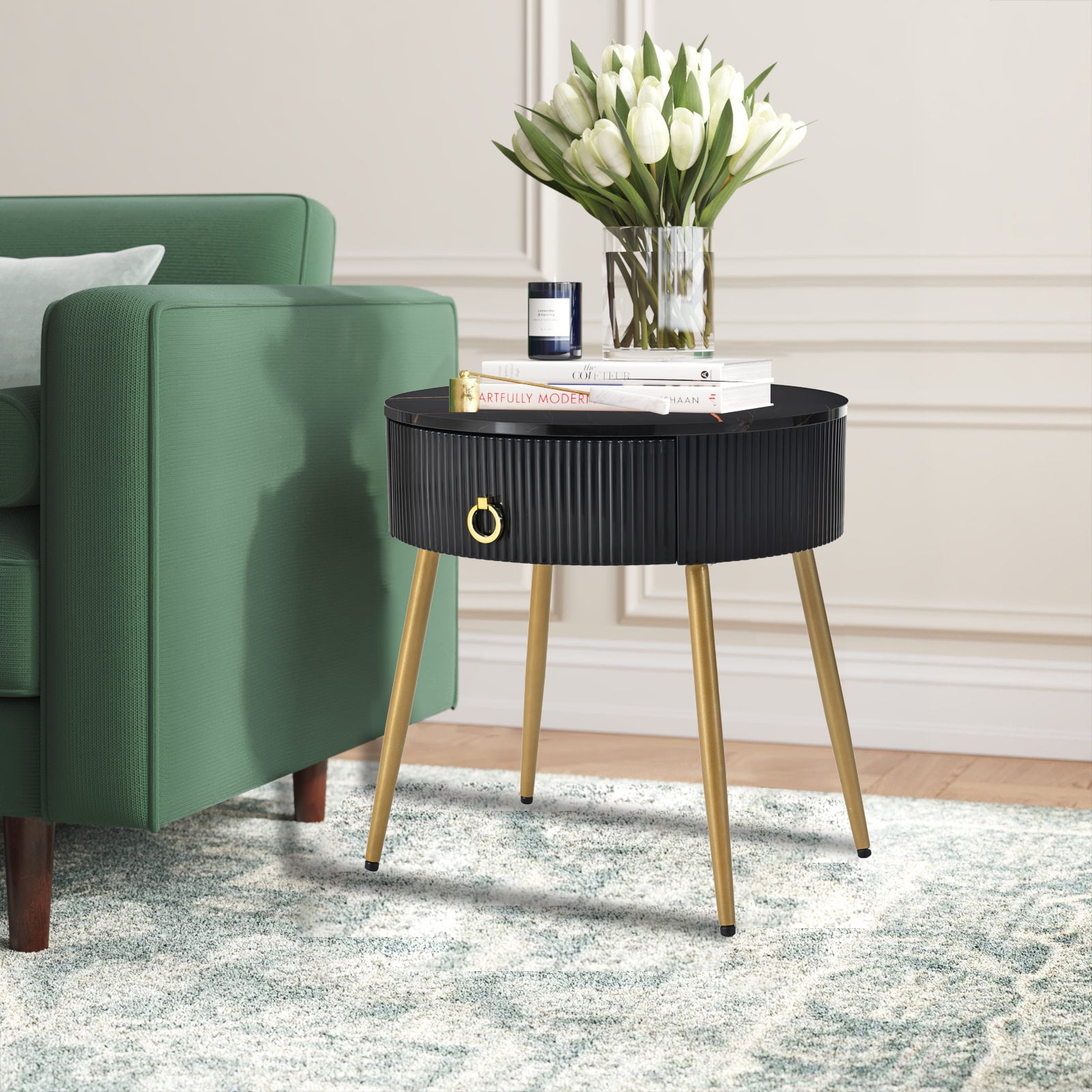 Glavbiku Modern 1 Drawer Round Side Table Set of 2,Black End Tables W ...