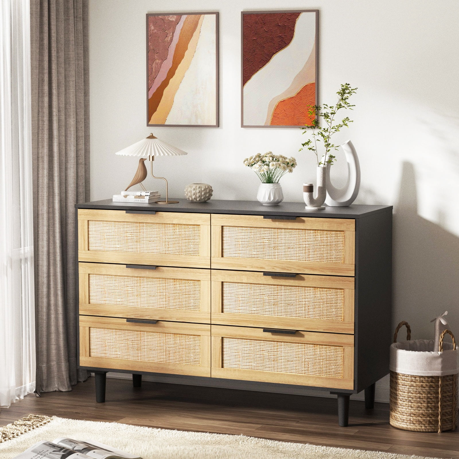 Glavbiku Modern 6 Drawers Rattan Dresser Table with Metal Handles ...