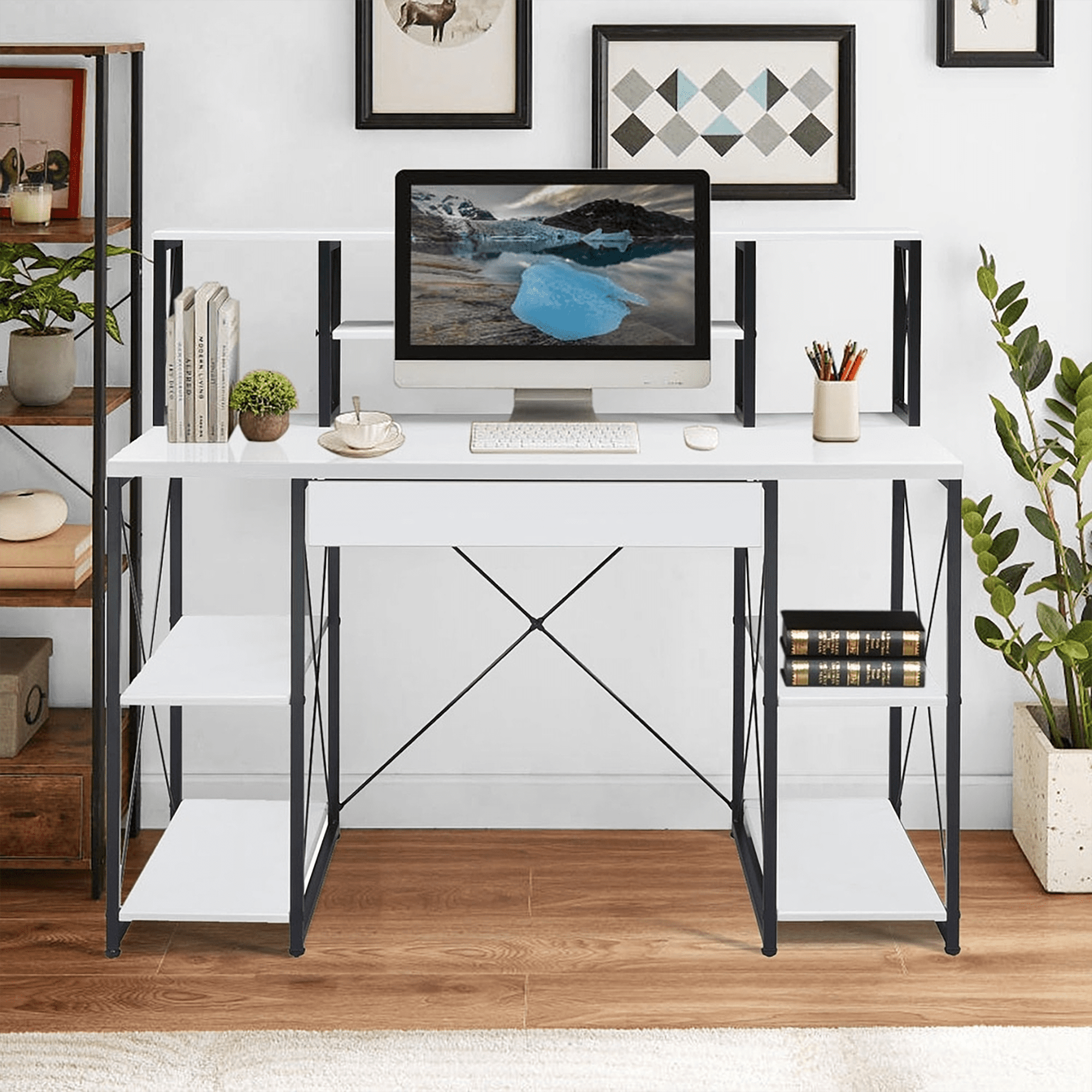 Glavbiku Modern Computer Desk with Storage Shelves,Metal Base Corner ...