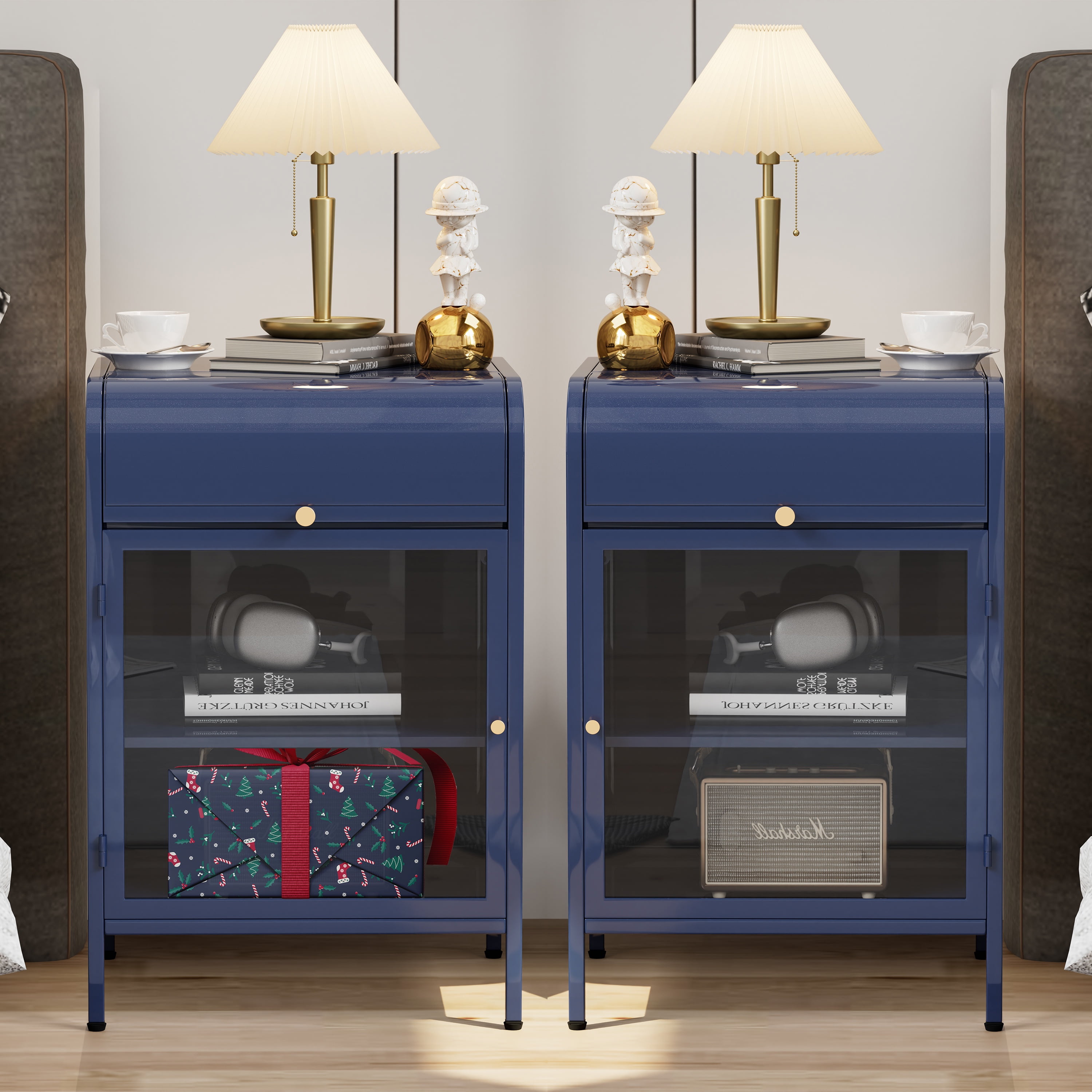 Glavbiku Metal Side Table,End Table with Flip Cubby & Glass Door ...