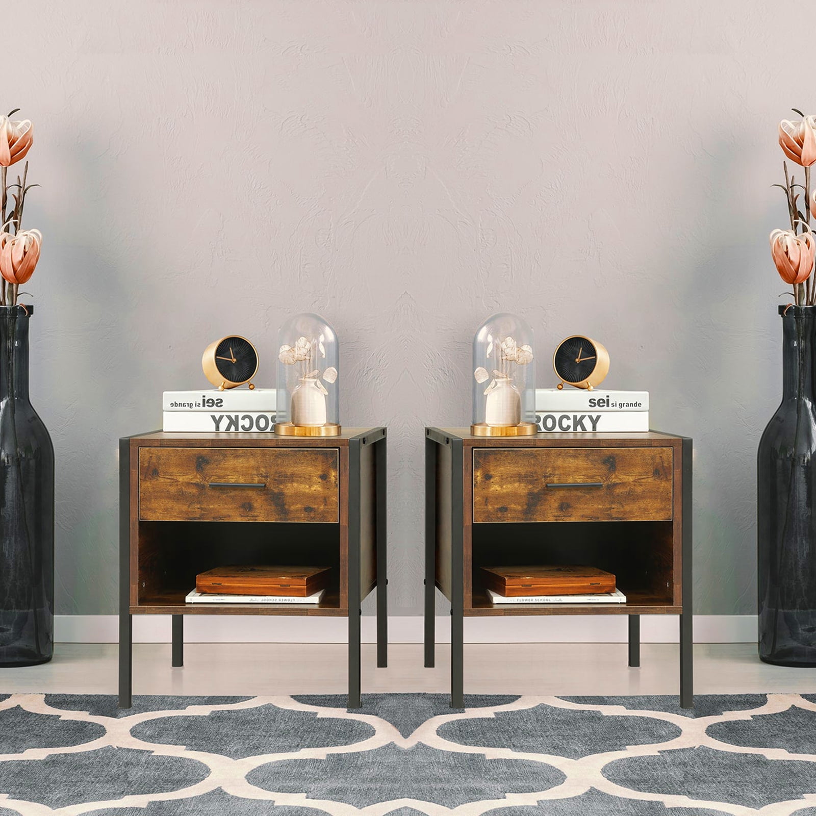 Glavbiku Modern Nightstand Set of 2, Industrial Style Bedside Table ...