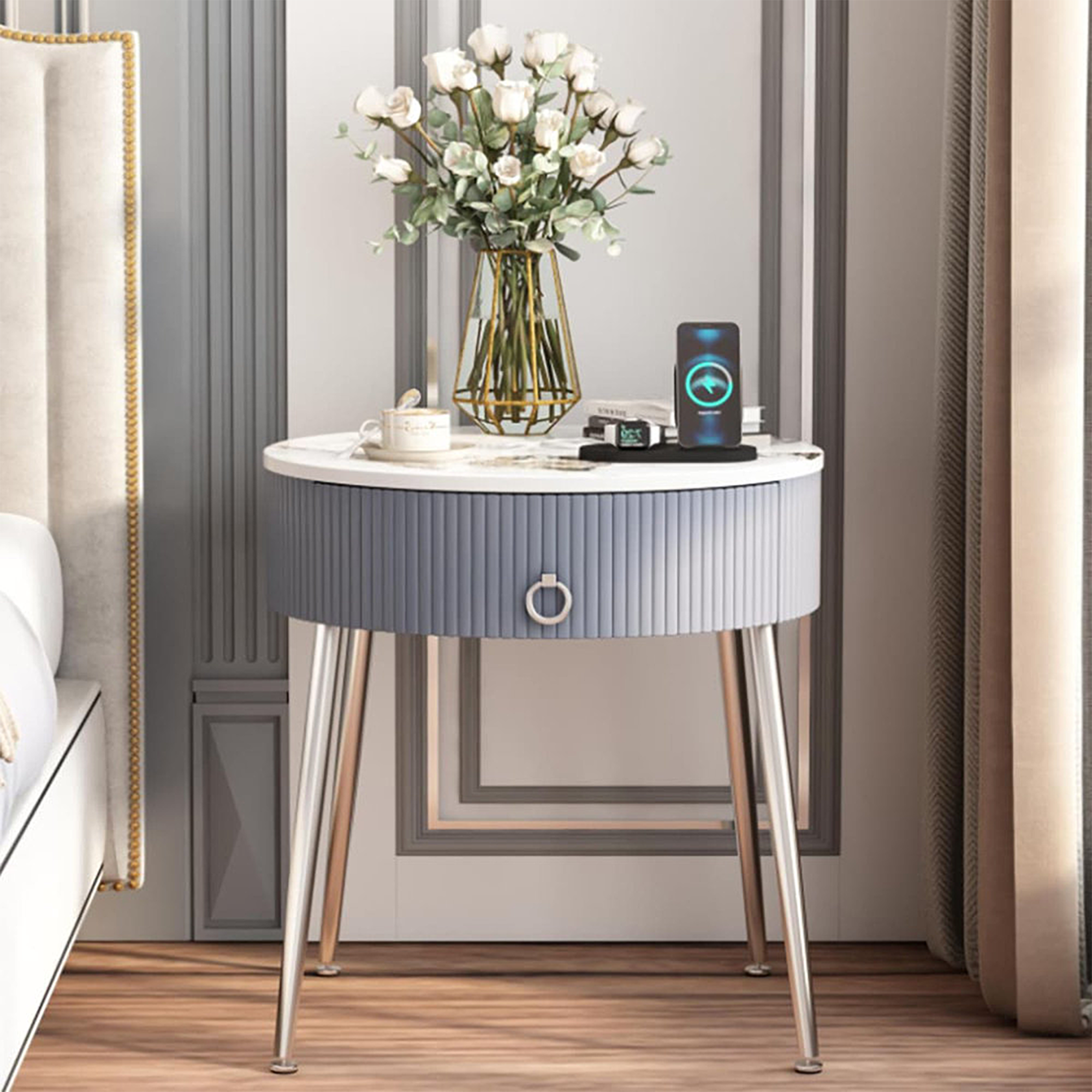 Glavbiku Modern Side Tables Set of 2,Round Nightstands with Drawer,Faux ...