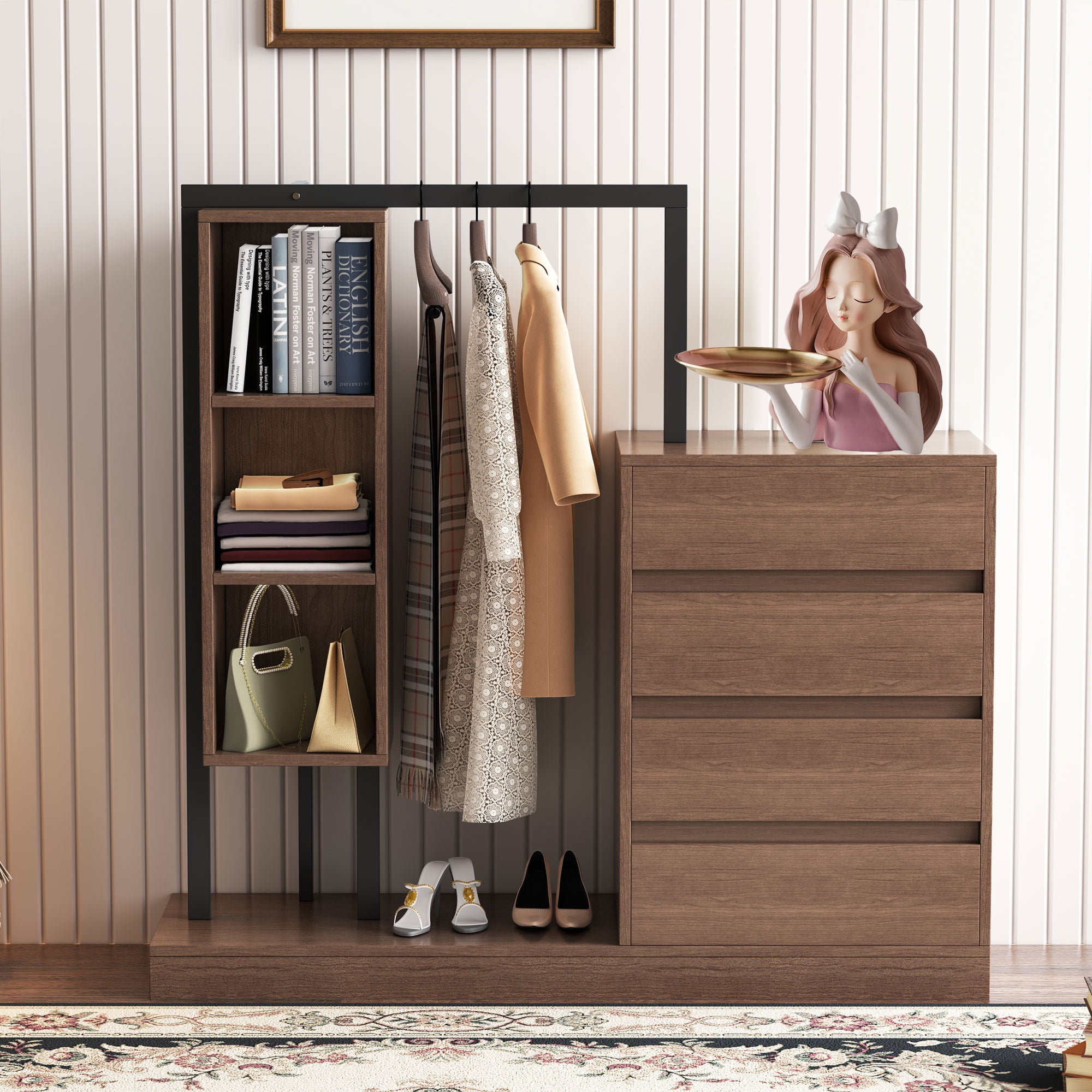 Glavbiku Modern Wardrobe with 4 Drawers, 3 Shelves,Hanging Rod,Closet ...