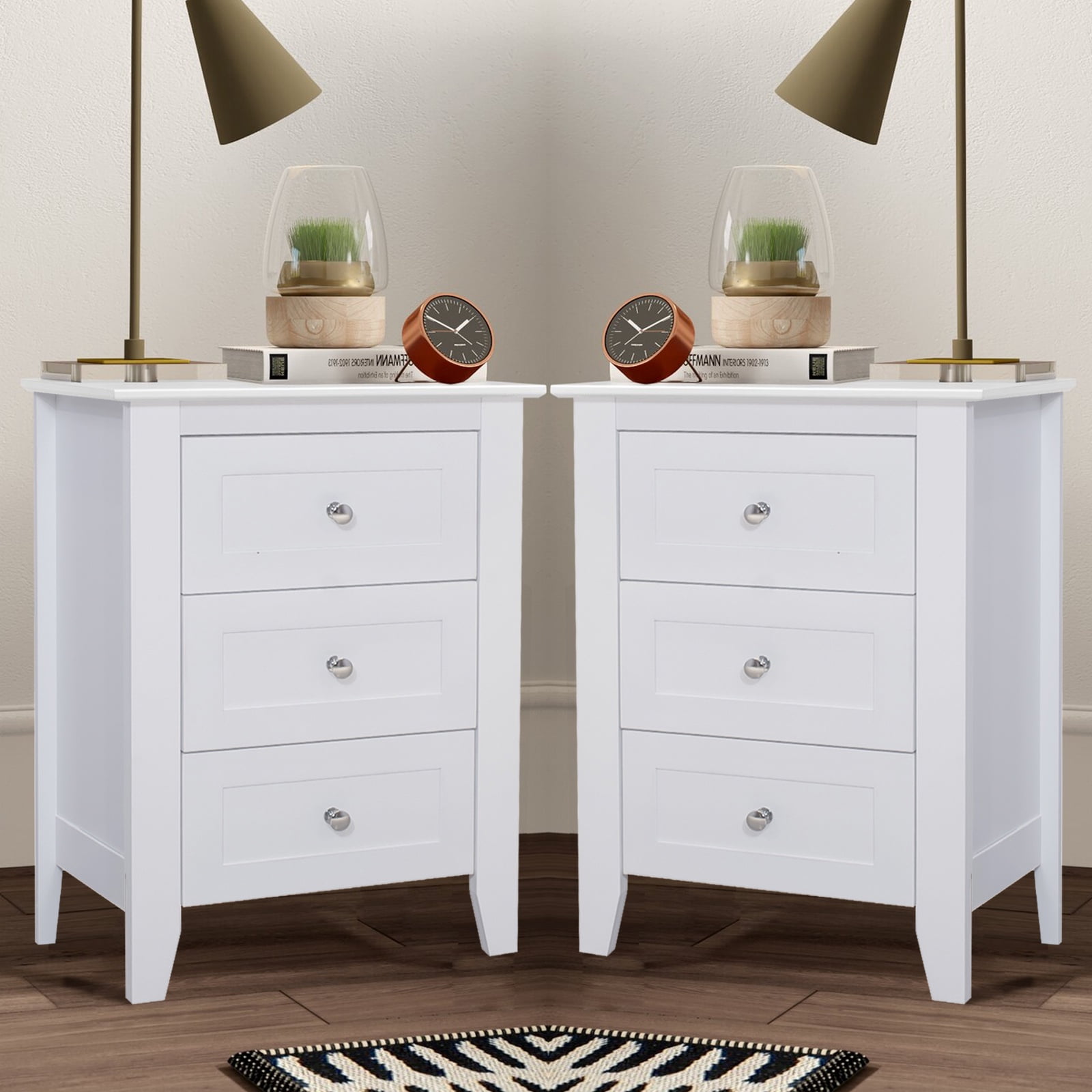 Glavbiku Modern White 3 Drawer Nightstand Set of 2 with USB Ports ...