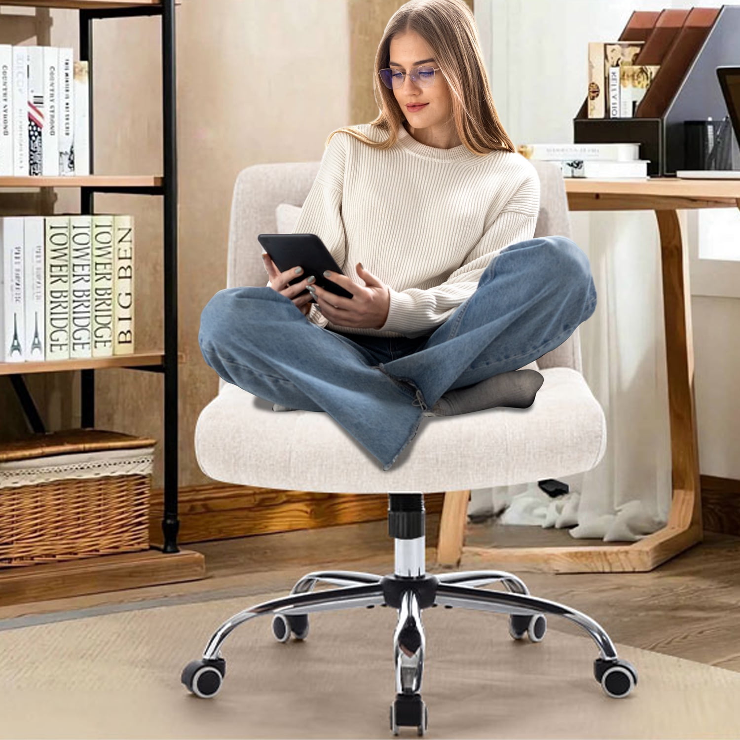 Glavbiku Modern Wide Cross Legged Home Office Chair with Wheel ...
