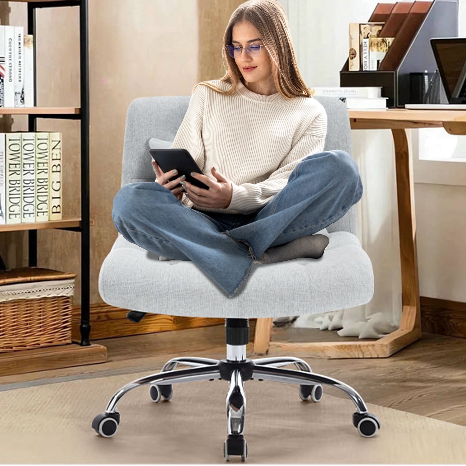 Glavbiku Modern Wide Cross Legged Home Office Chair with Wheel ...