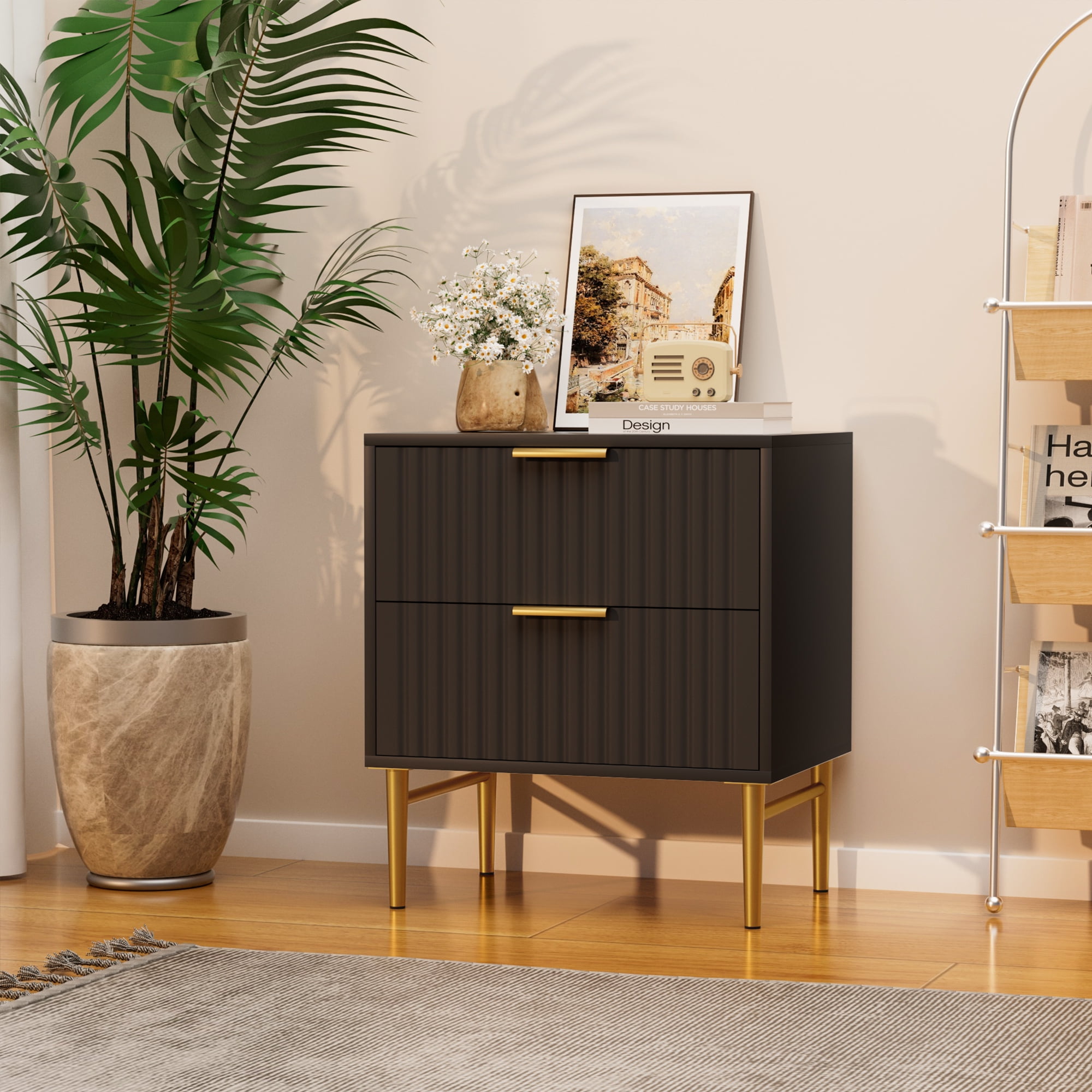 Glavbiku Modern Wood Nightstand with 2 Drawers,Gold Leg Side Table for ...
