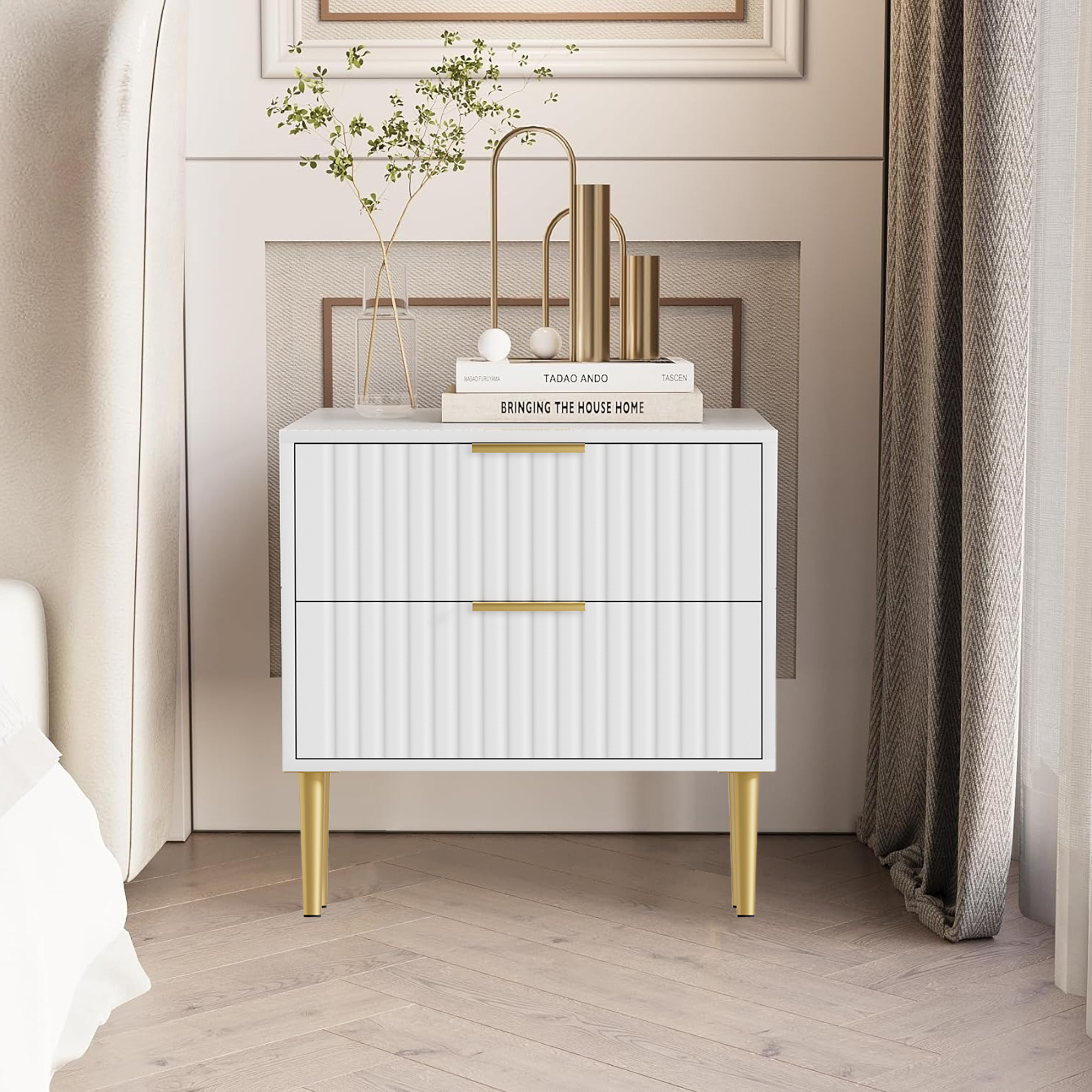 Loyalheartdy Modern 2 Drawers Nightstand, White Wood Side Table Cabinet ...