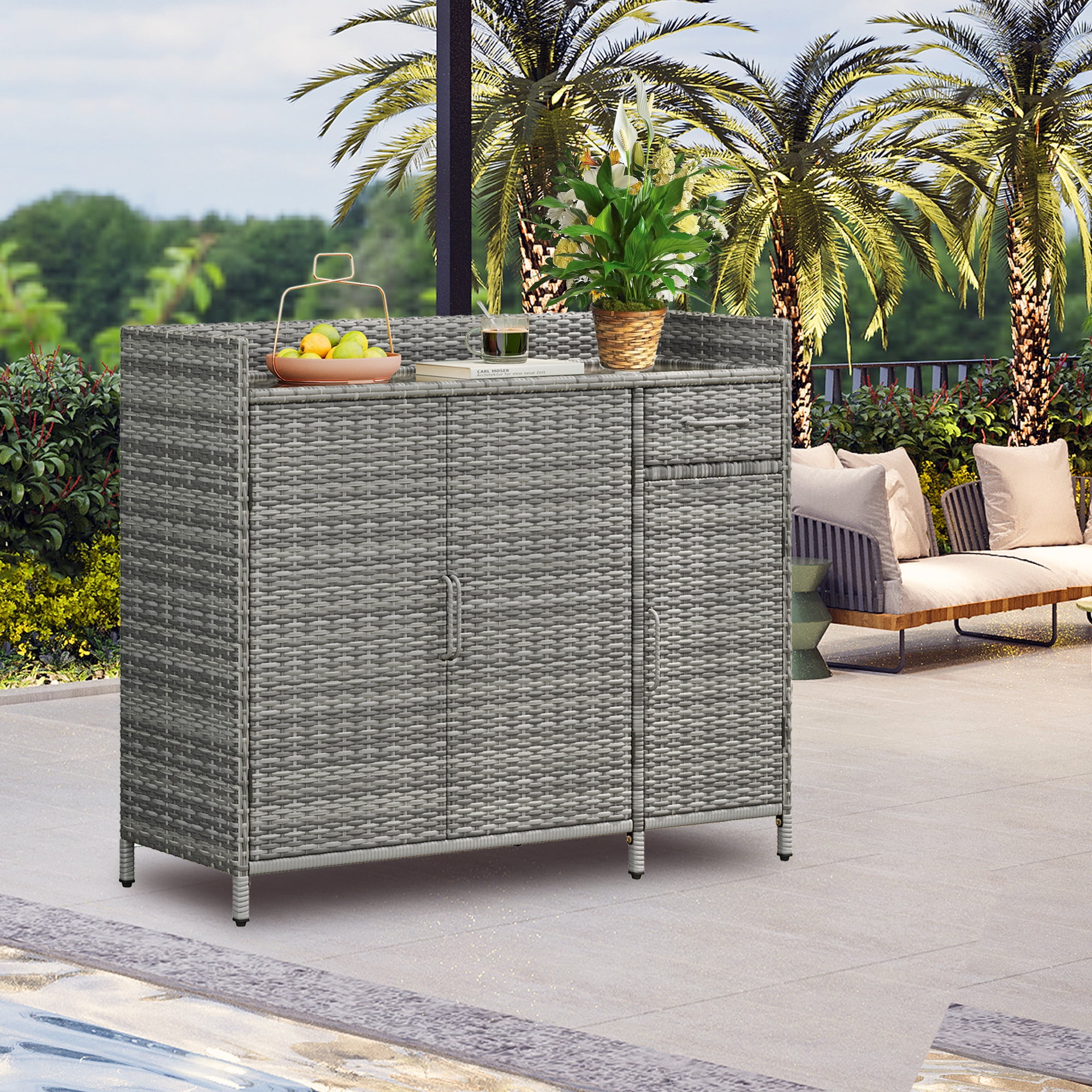 Glavbiku Outdoor Wicker Storage Cabinet,3-Door Sideboard with Glass ...