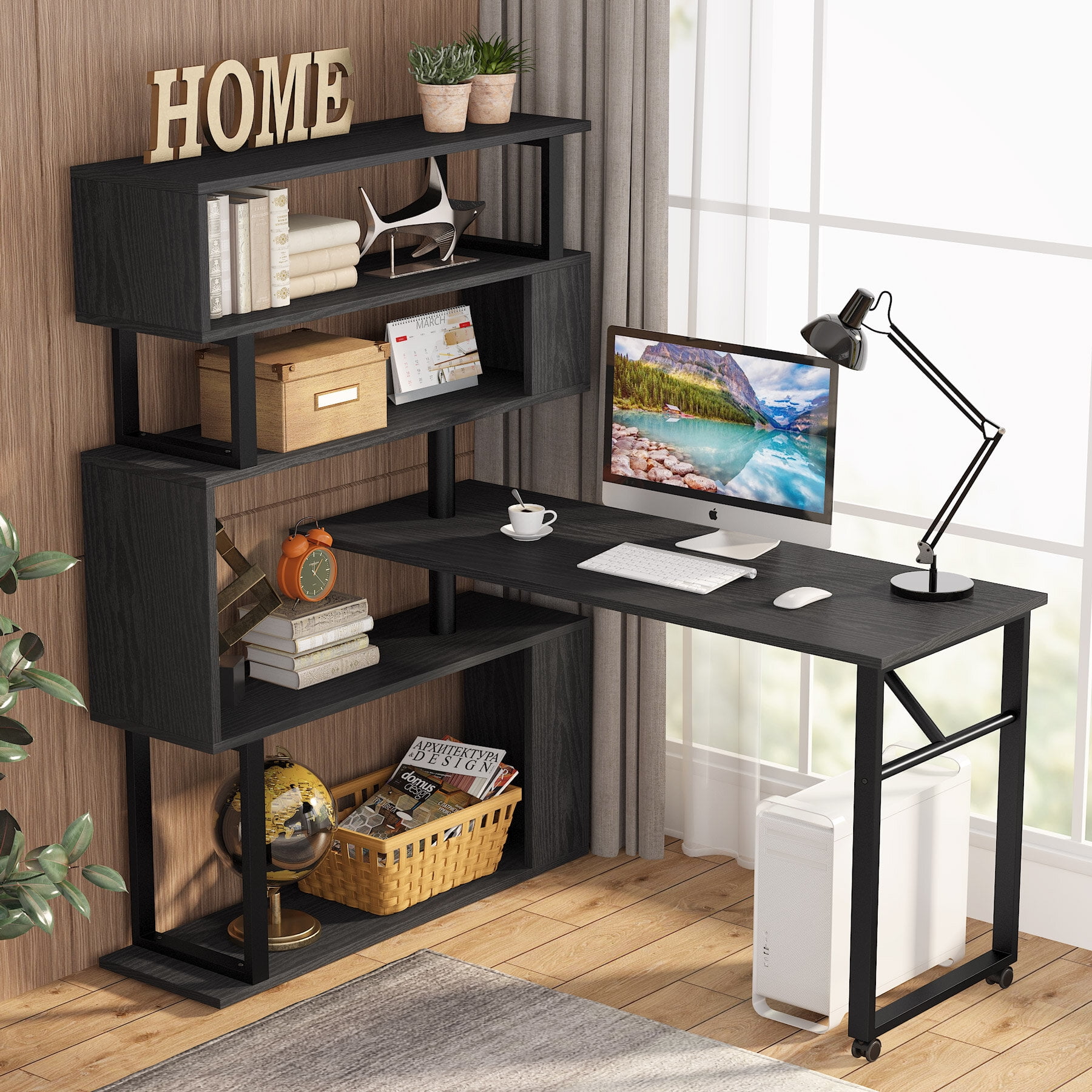 Glavbiku Rotating Computer Desk with 5 Bookshelf,Modern L-Shaped Desk ...