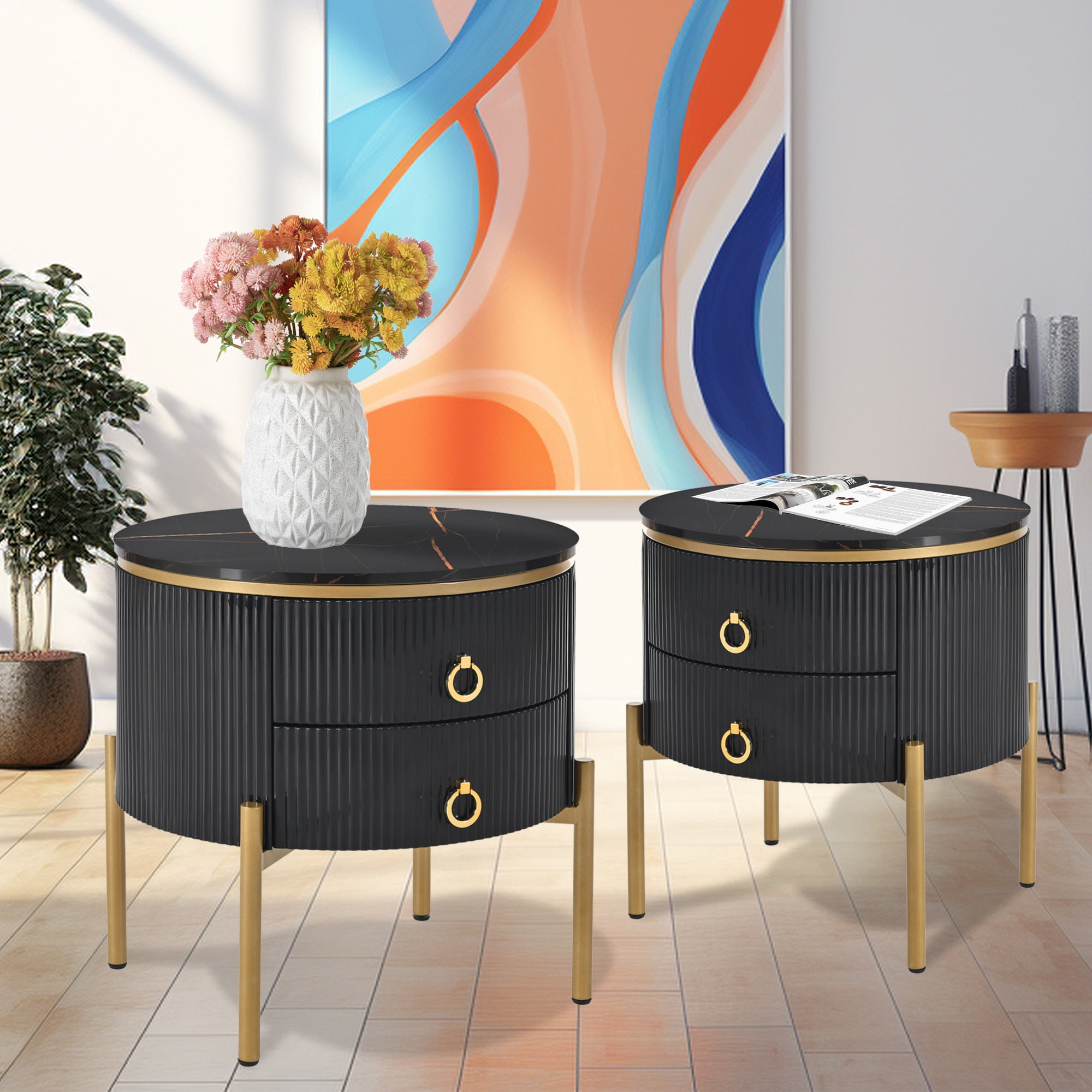 Glavbiku Round End Table with 2 Storage Drawers, Fluted Nightstand Set ...