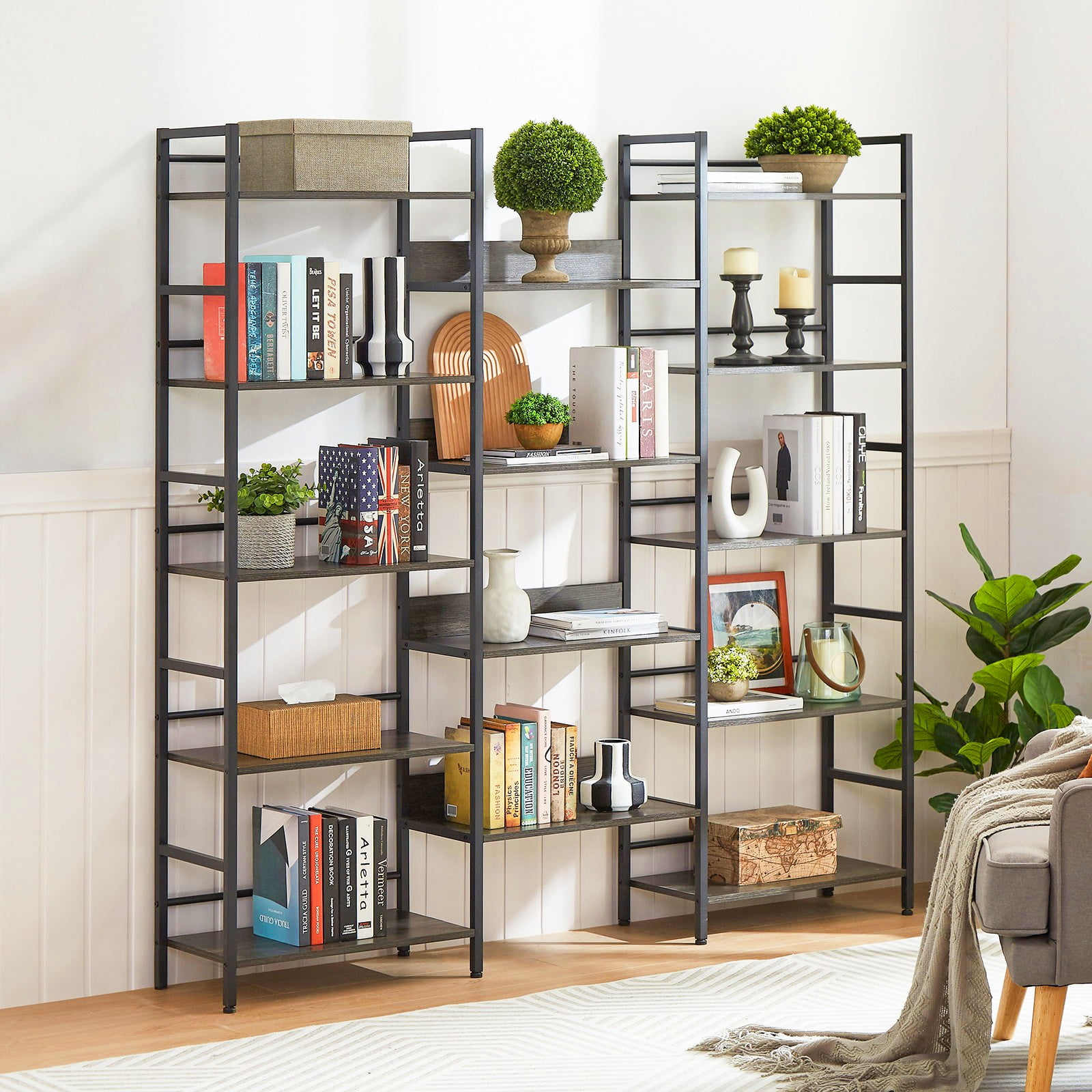 Glavbiku Triple Wide 5 Shelf Bookshelves,Retro Wooden Home and Office ...