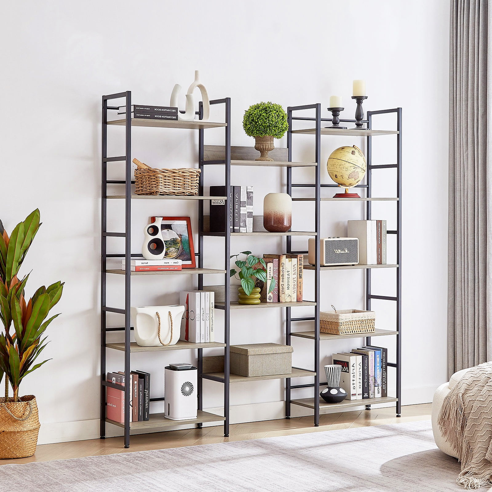 Glavbiku Triple Wide 5 Shelf Bookshelves,Retro Wooden Home and Office ...