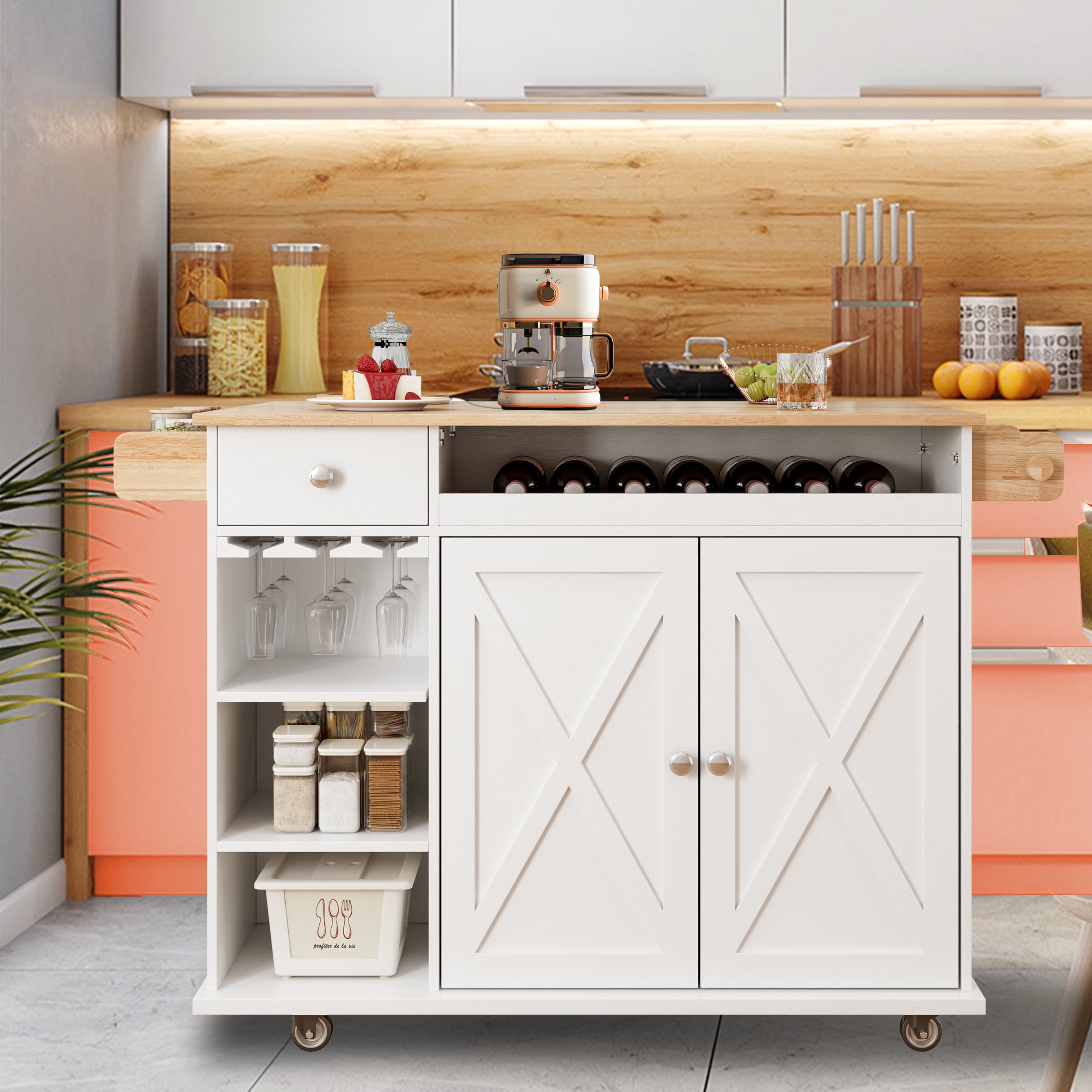 Glavbiku White Kitchen Island Cart - Solid Wood Top,Wheels & Multi ...