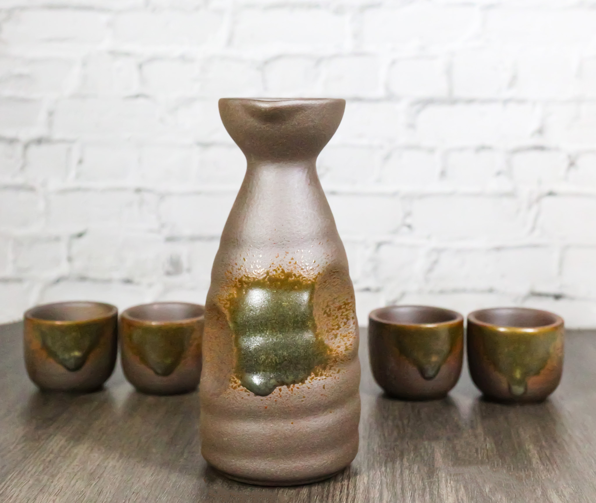 Glazed Ceramic Abstract Clay Brown Japanese Sake Tokkuri Flask And 4 ...