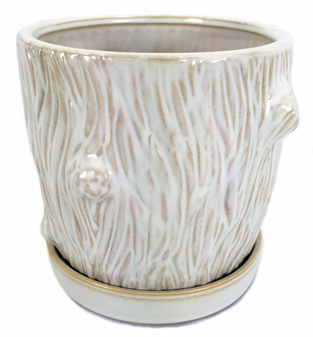 Glazed Ceramic Tree Pot/Saucer - Antique White - 5 3/4" x 8" with Felt ...