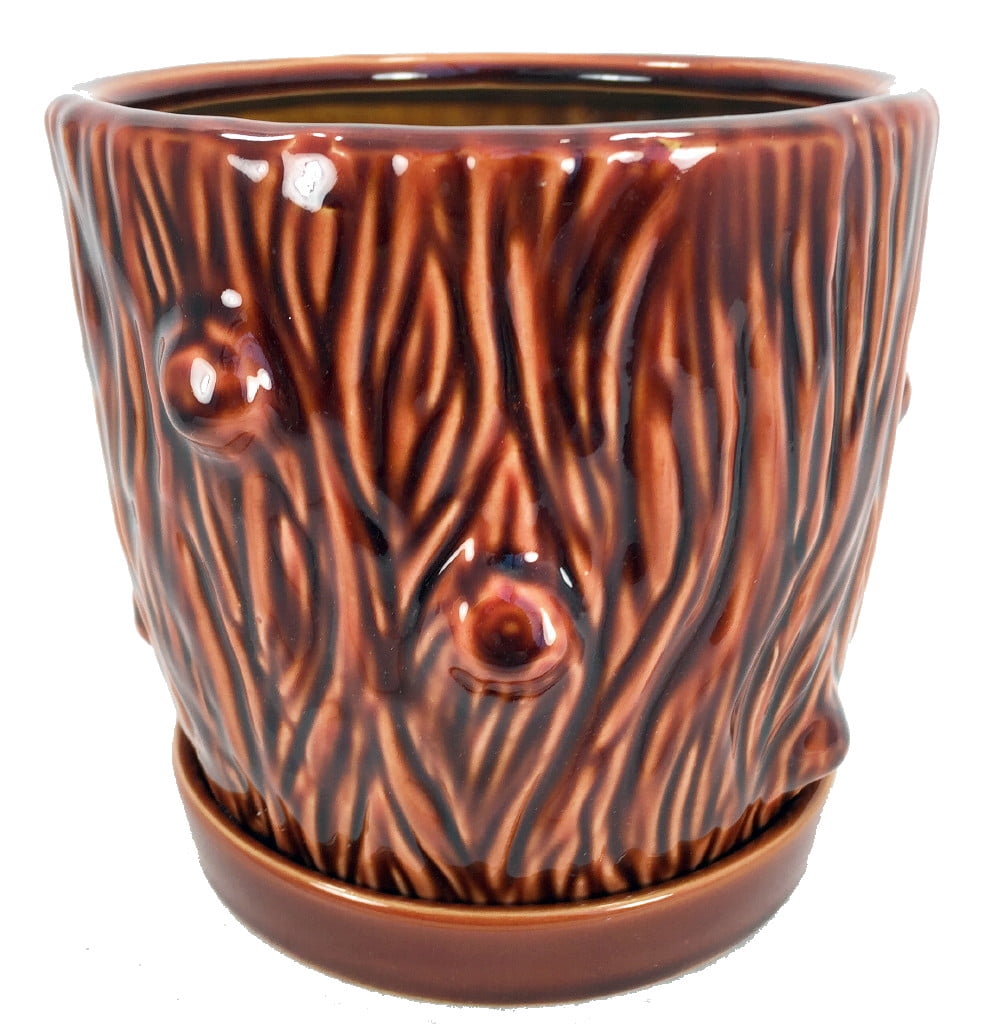 Glazed Ceramic Tree Pot/Saucer - Brownish Red - 5 3/4" x 8" with Felt ...