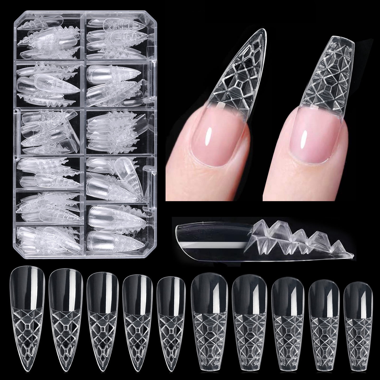 Glazed Fake Nails Set | Long Pointed Trapezoidal Concave Transparent ...