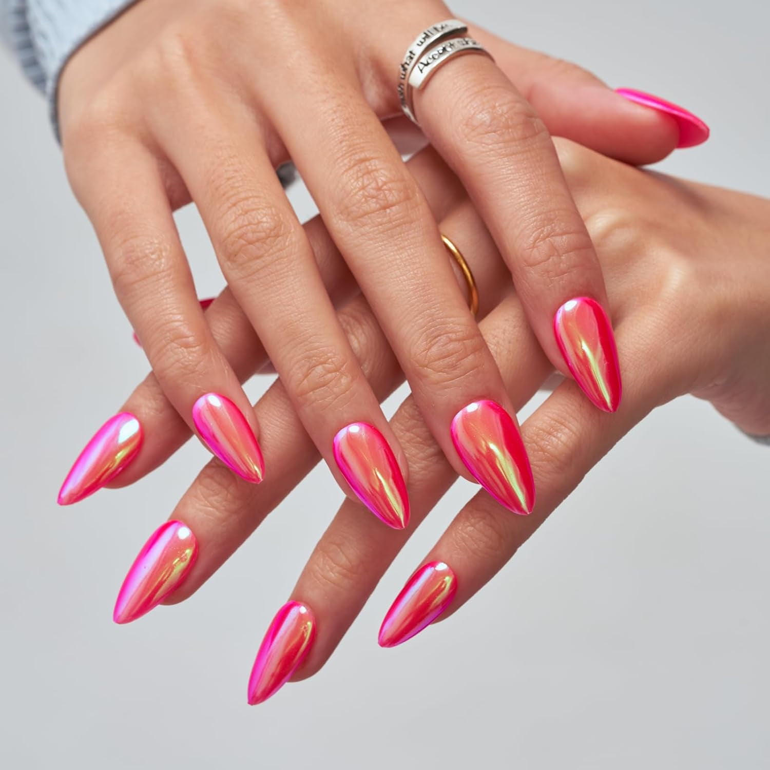 Glazed Hot Pink Press on Nails Medium Almond, Chrome Mirror Handmade ...