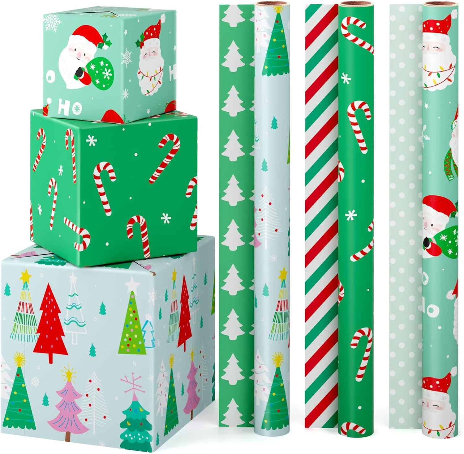 Gleam Adorn Reversible Christmas Wrapping Paper -3 Rolls 17”x120”Santa ...