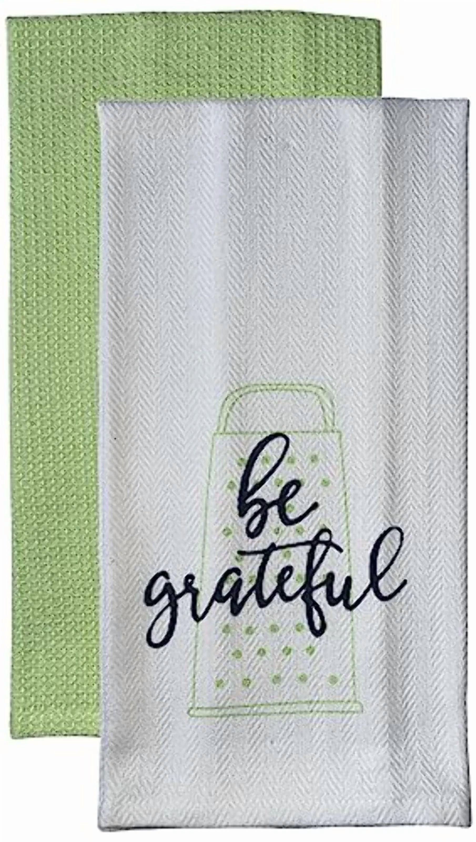 Gleam - Set Of 2, 100% Cotton White Herringbone Funny Kitchen Towels Be Grateful And Pla ...