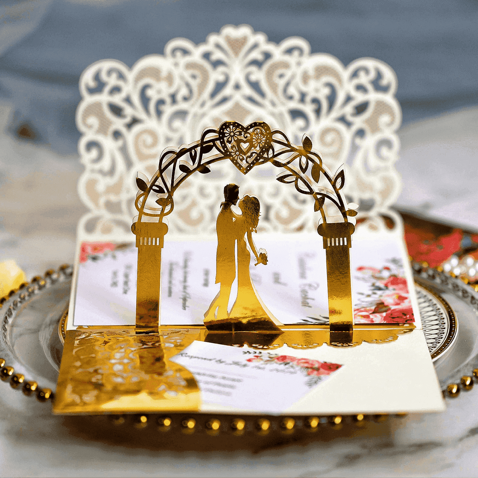 Gleaminglife 3D Pop Up Bride And Groom Gold Wedding Invitation Cards ...