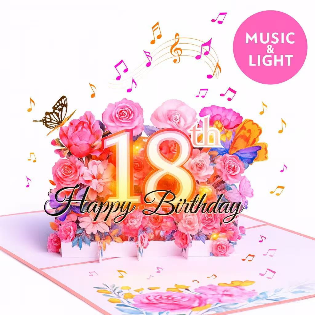 3D Pop-Up Birthday Card with Music & Lights, Flowers & 18th Age Numbers ...