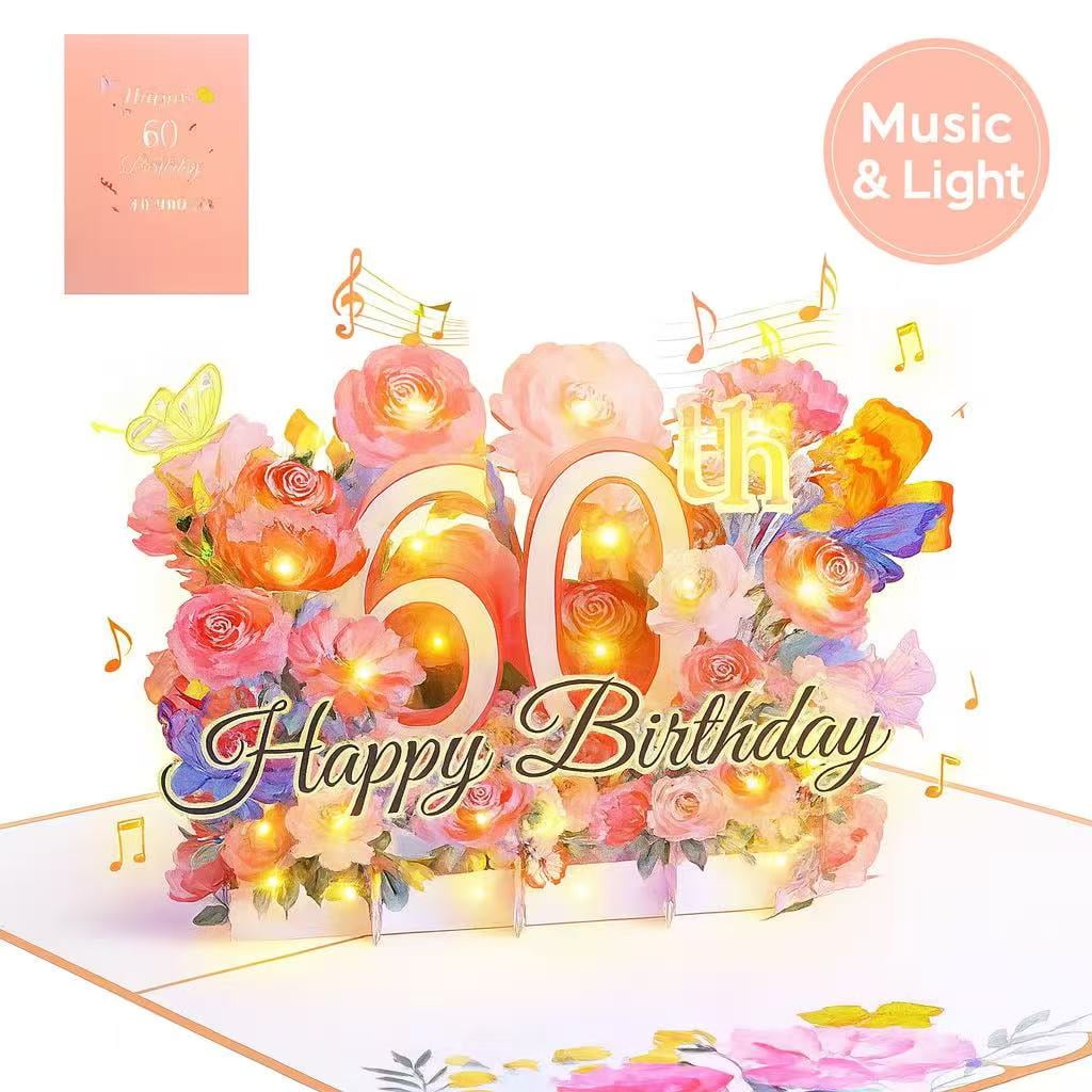 3D Pop-Up Birthday Card with Music & Lights, Flowers & 60th Age Numbers ...