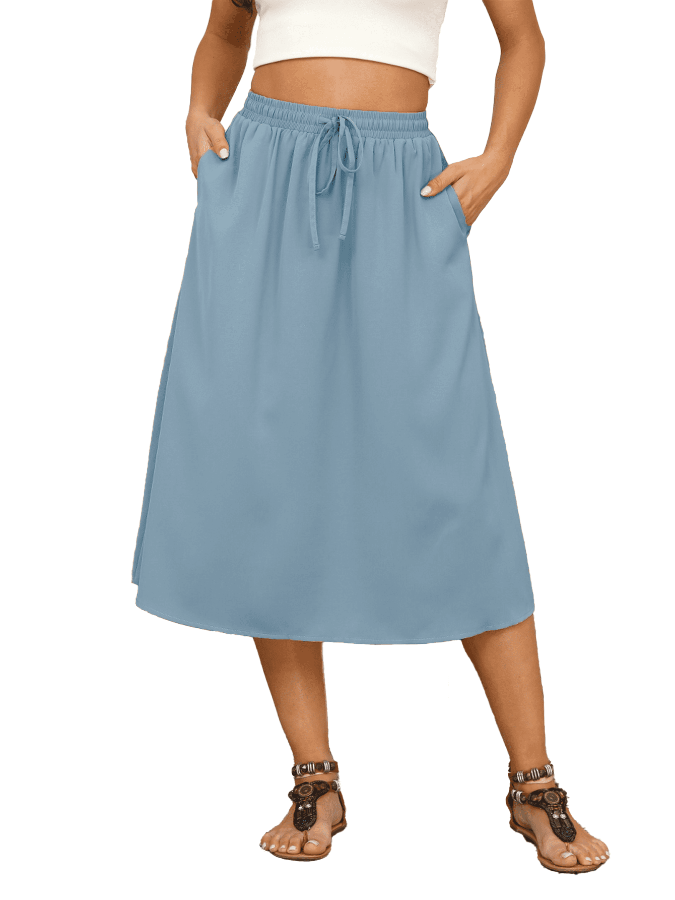 Gleelaud Flowy Skirt Midi Length Elastic High Waist A-Line Skirt with ...