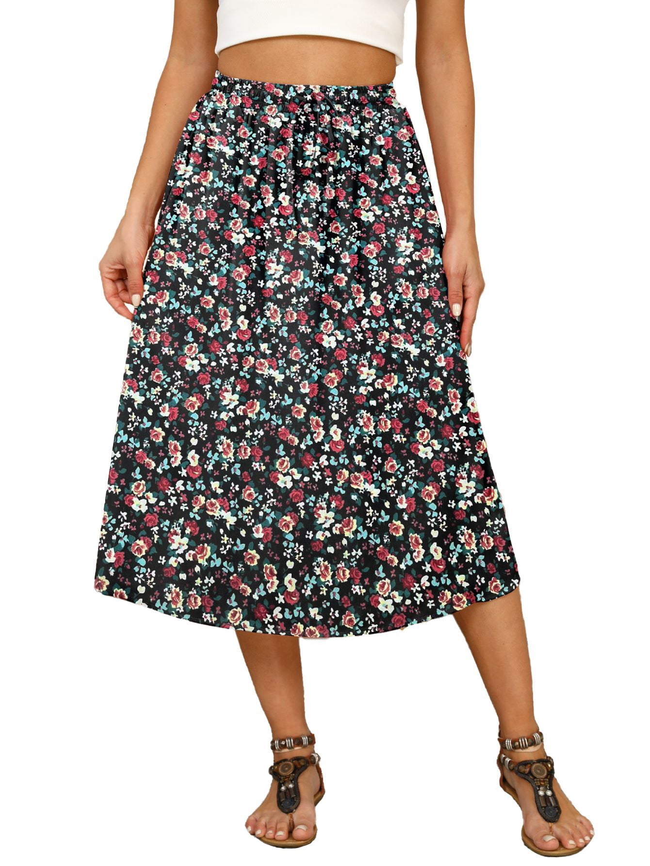 Gleelaud Flowy Skirt Midi Length Elastic High Waist A-Line Skirt with ...